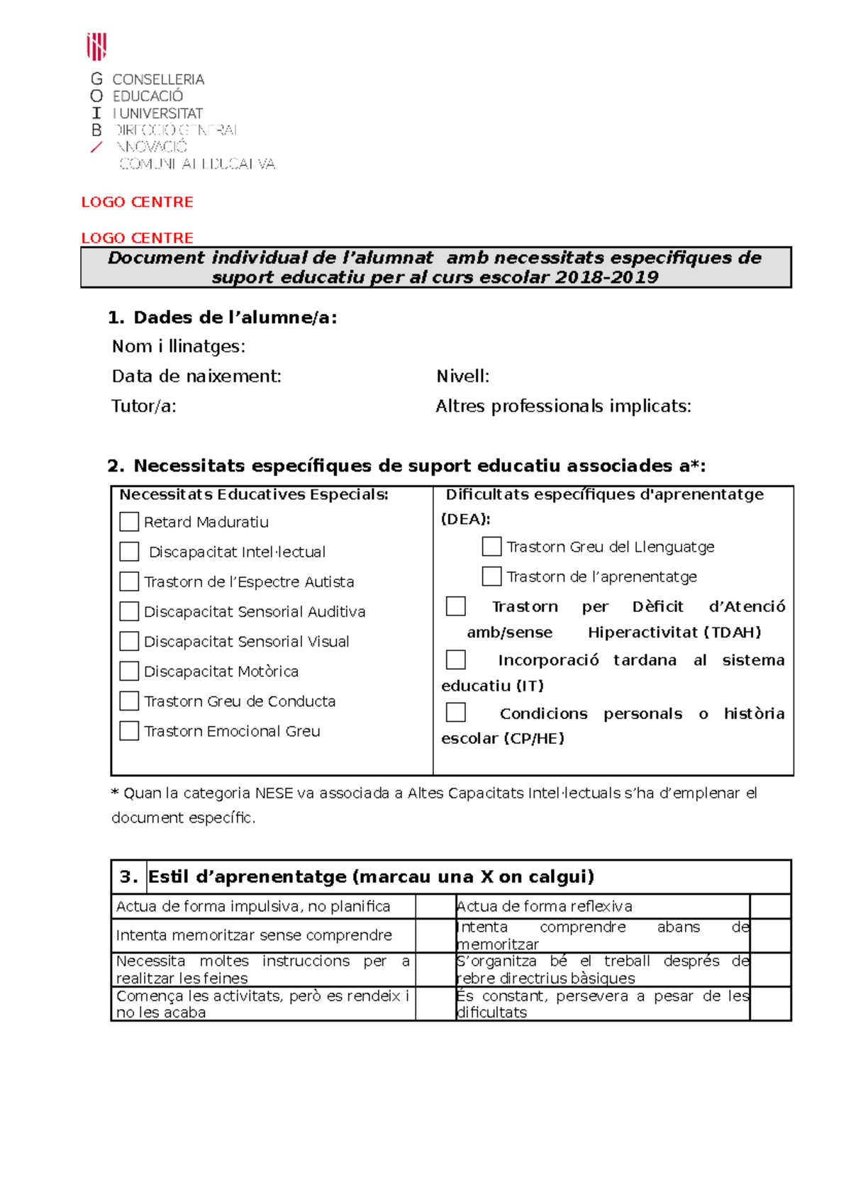 Informe NESE - LOGO CENTRE LOGO CENTRE Document individual de l’alumnat ...