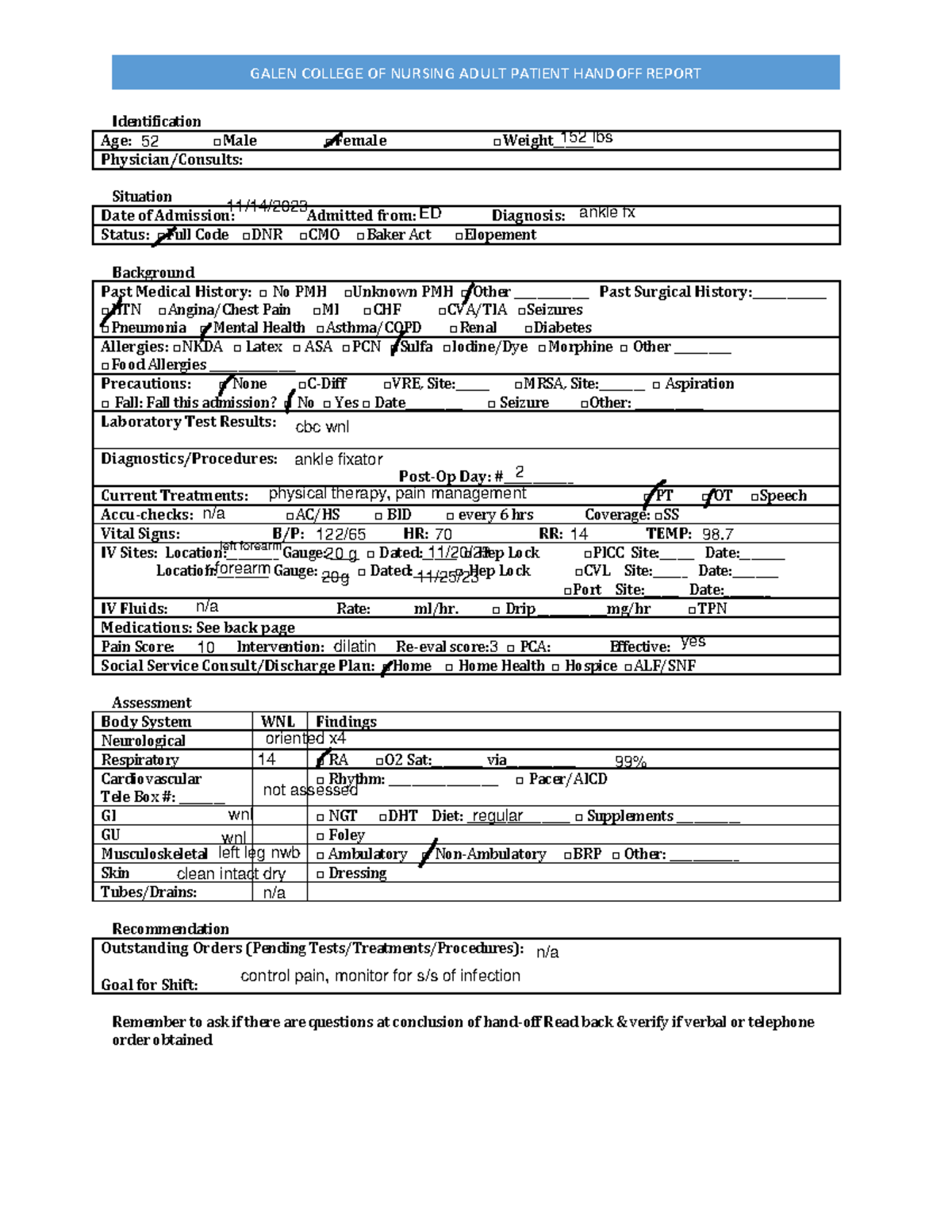 Patient Handoff Report week 9 - GALEN COLLEGE OF NURSING ADULT PATIENT ...