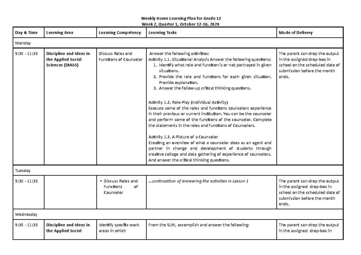 Diass Whlp Week 2 Sample Only Weekly Home Learning Plan For Grade 12 Week 2 Quarter 1 