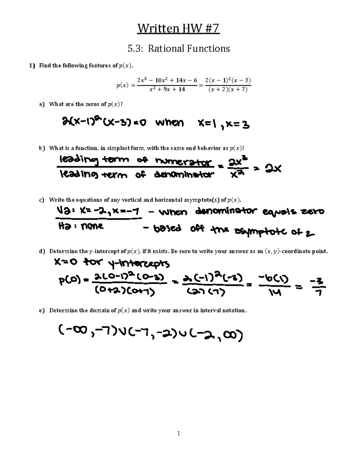 Math 111Z Written HW #7 - finished week 7 homework - Written HW # 7 5: Rational Functions Find ...