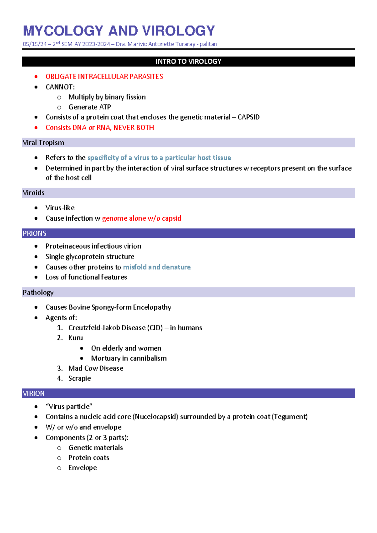 MYCO Virology - MYCOLOGY AND VIROLOGY 05/15/2 4 – 2 nd SEM AY 2023- 2024 – Dra. Marivic ...
