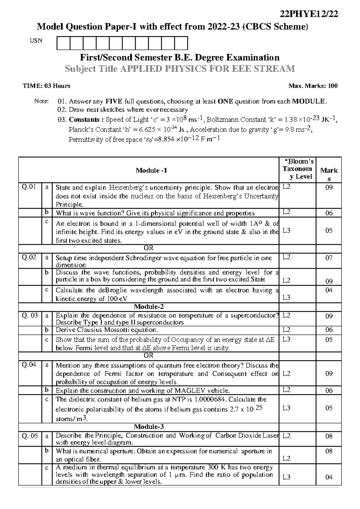 22PHYE12set1 - Learning more - 22PHYE12/ Model Question Paper-I with ...