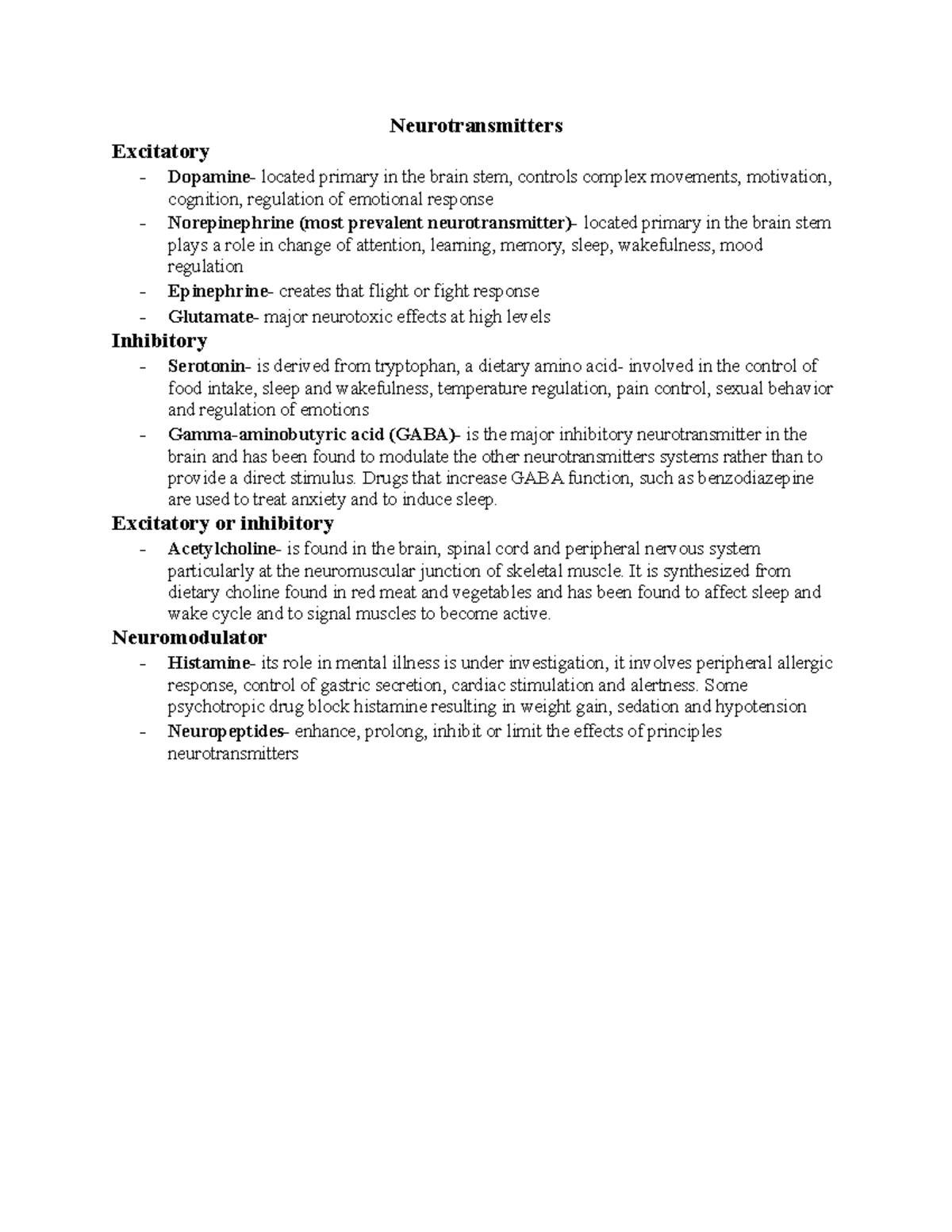 Neurotransmitters - ......... - Neurotransmitters Excitatory - Dopamine ...
