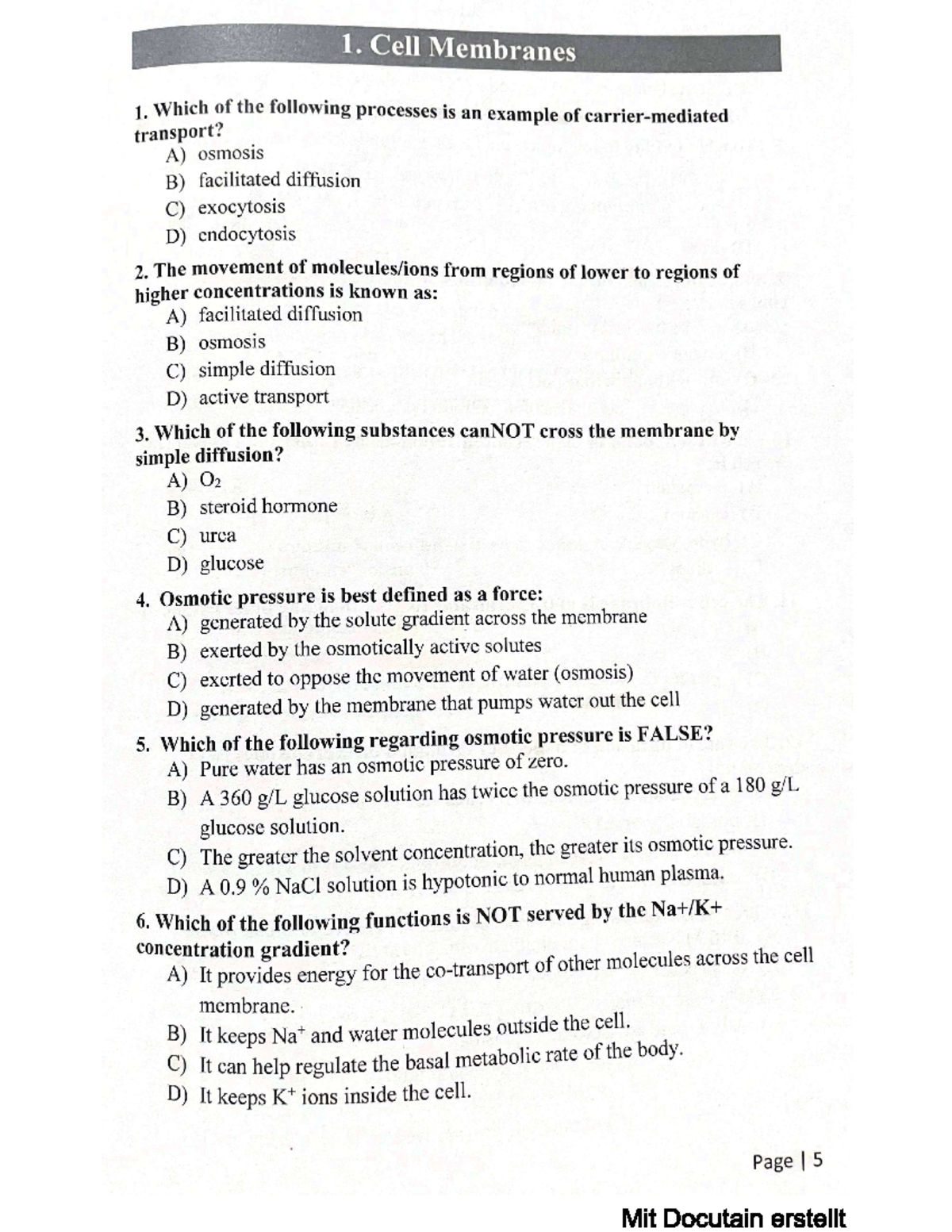 Physio sample - just a quick summary of the docs - 1. Cell Membranes 1 ...