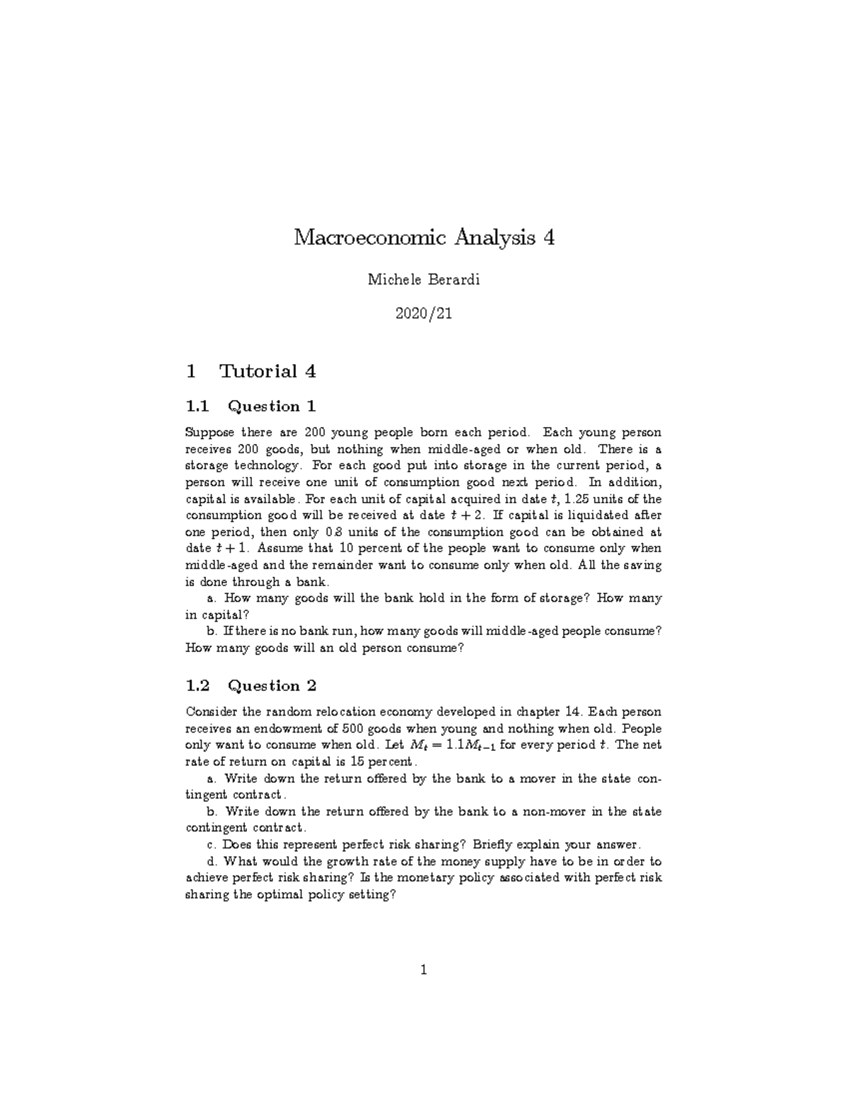 2021tutorial 4 With Answers Macroeconomic Analysis 4 Michele Berardi 2020 1 Tutorial 4 1