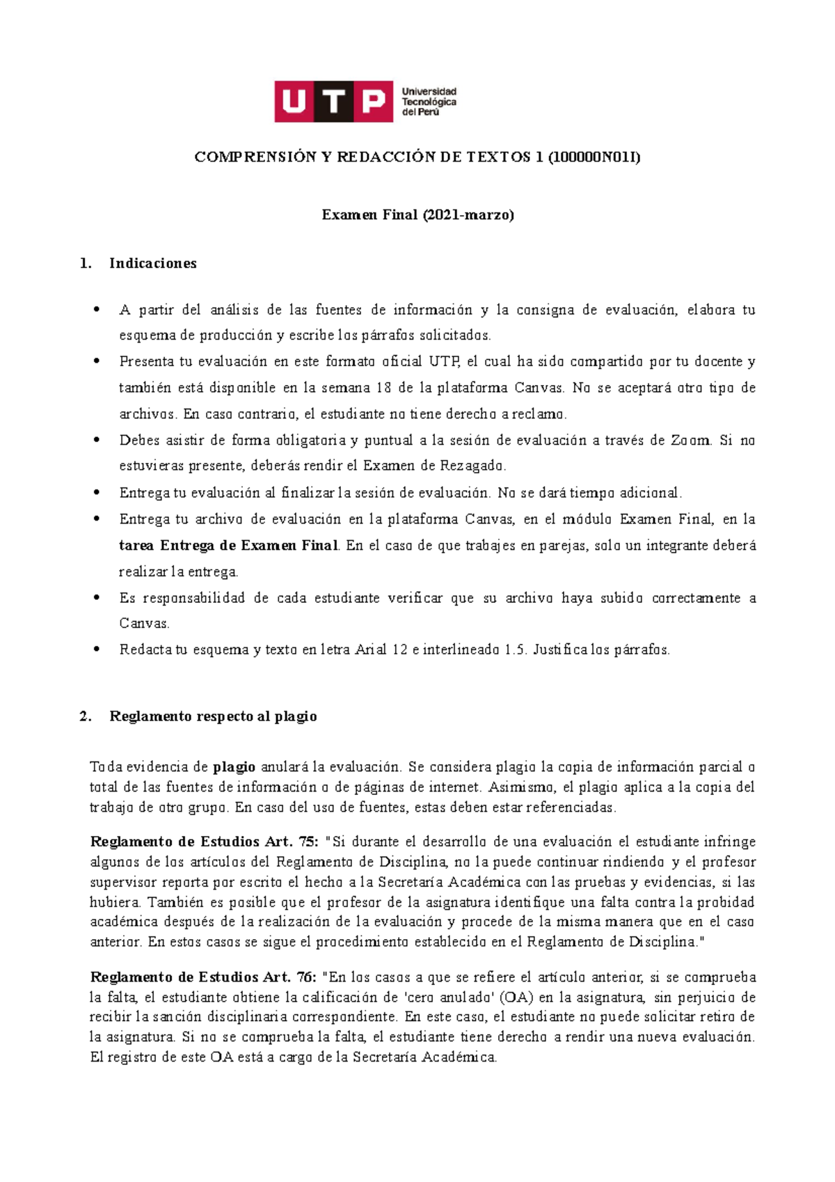 100000 N01I Comprensión Y Redacción DE Textos 1- Examen Final (Formato oficial UTP ...