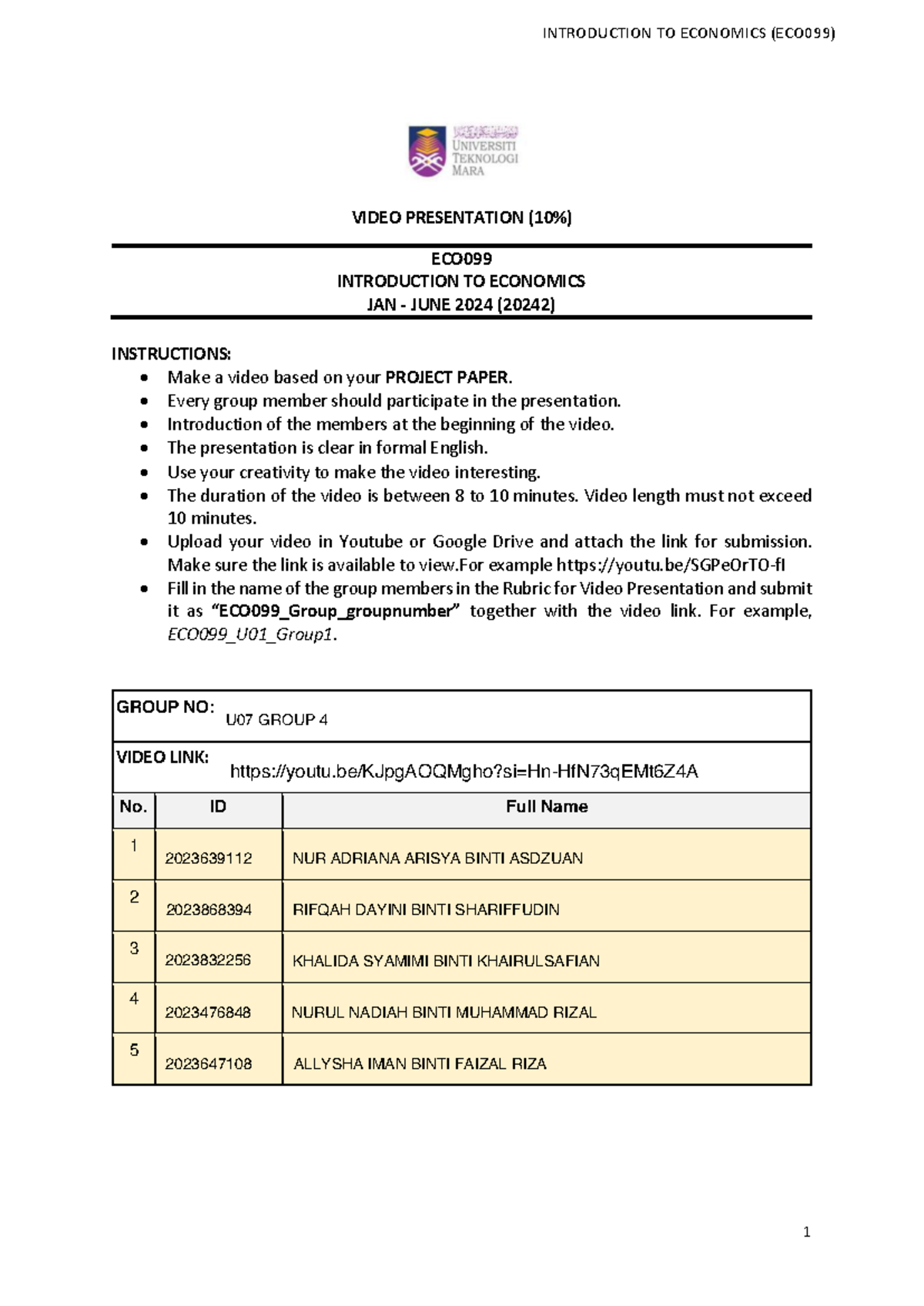 ECO099 U07 Group 4 - Eco - INTRODUCTION TO ECONOMICS (ECO099) 1 VIDEO ...