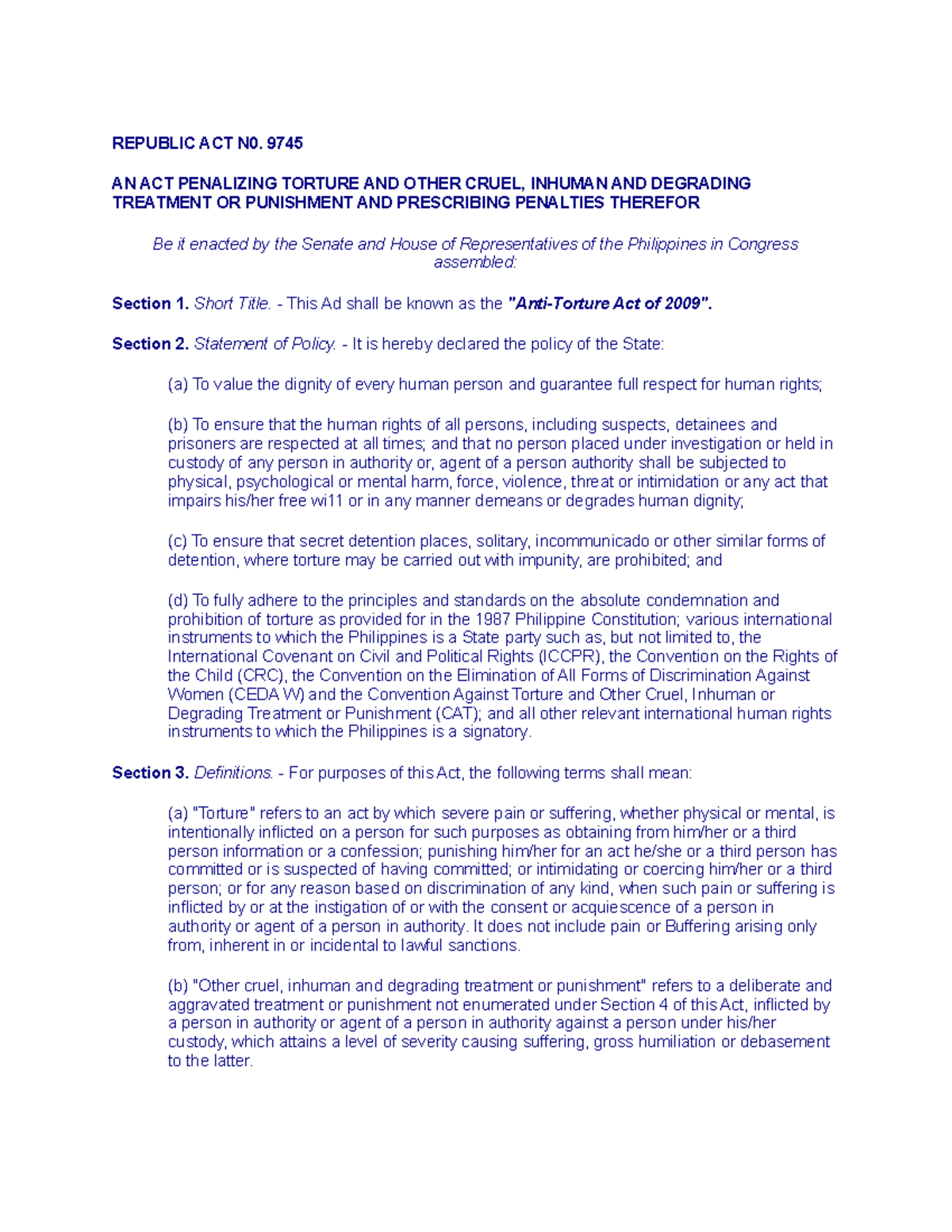 Anti-Torture Act of 2009 RA 9745 - REPUBLIC ACT N0. 9745 AN ACT ...