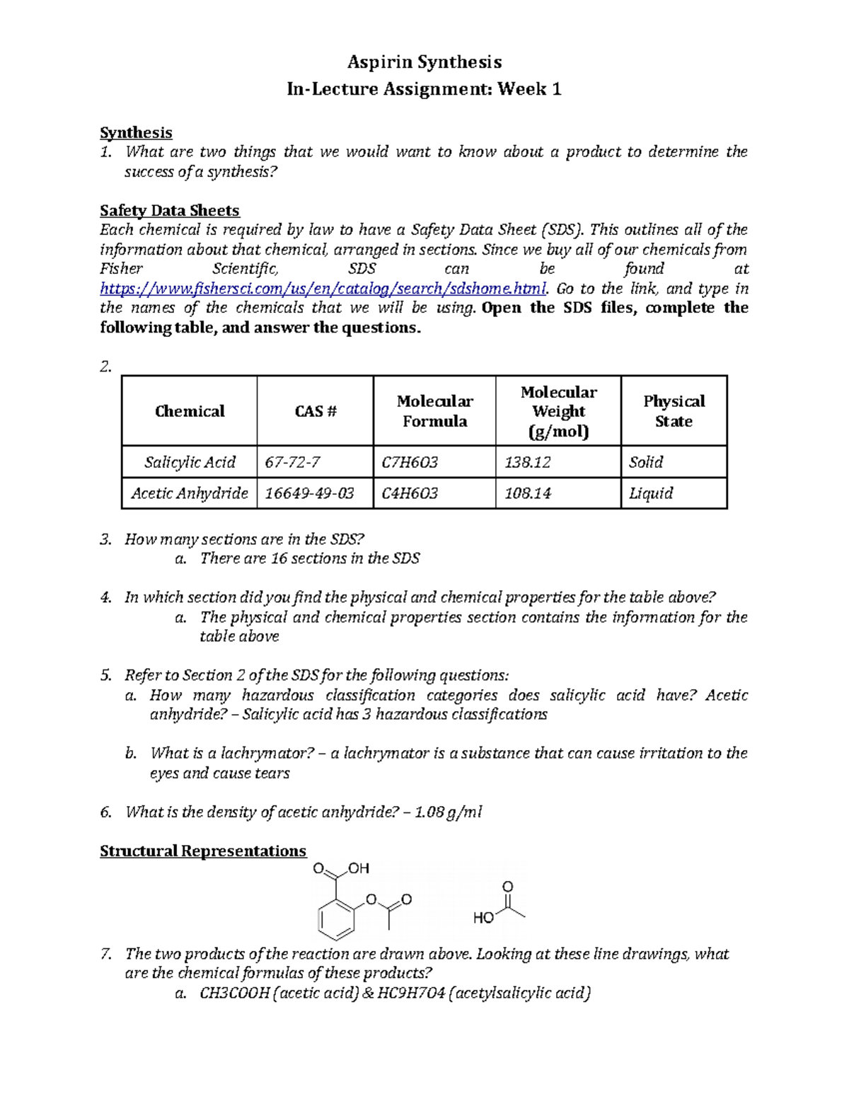 7-1a.Aspirin Synthesis Godishala - Aspirin Synthesis In-Lecture Assignment: Week 1 Synthesis 1 ...