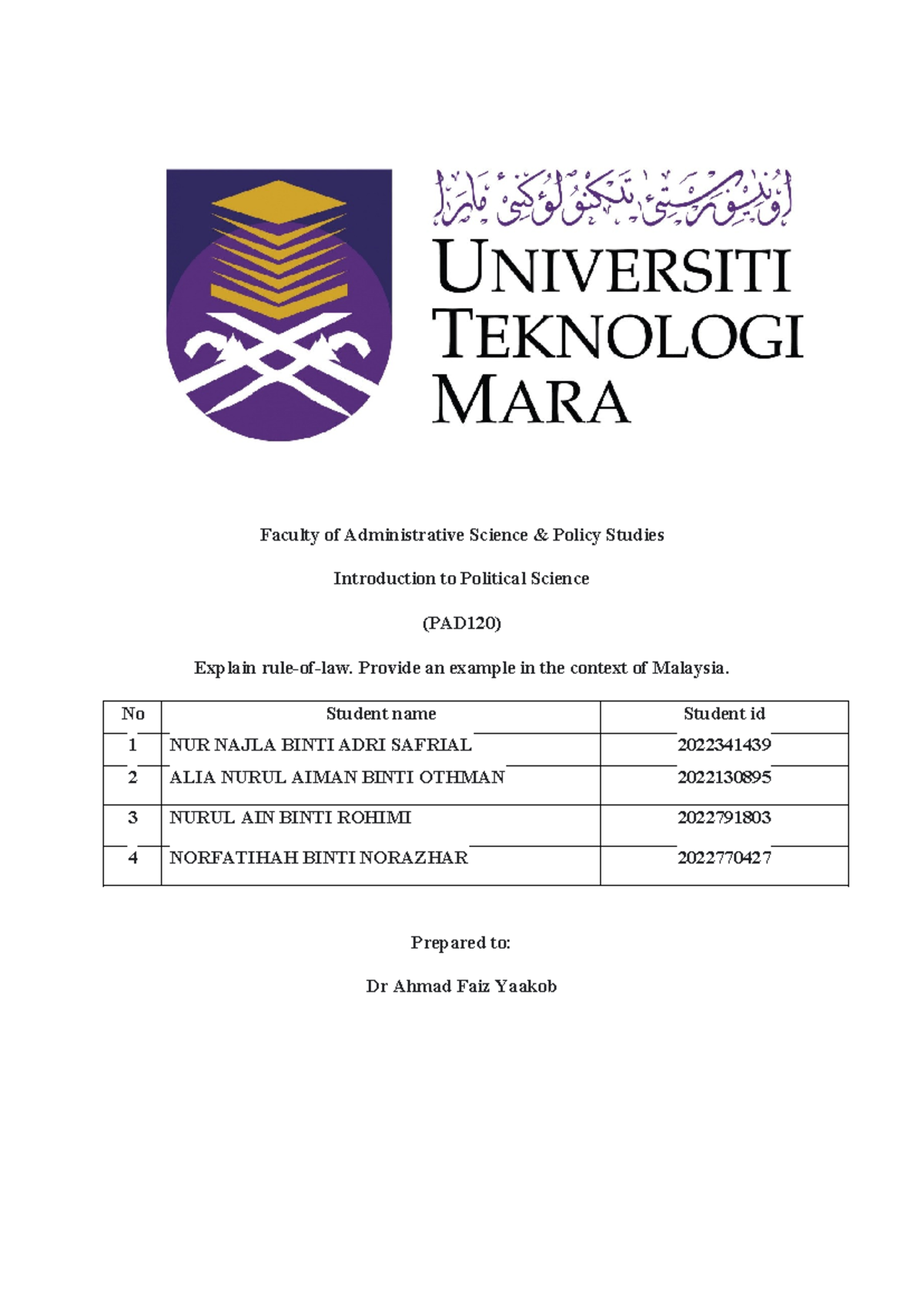 Assignment PAD 120 (1) - Faculty of Administrative Science & Policy ...