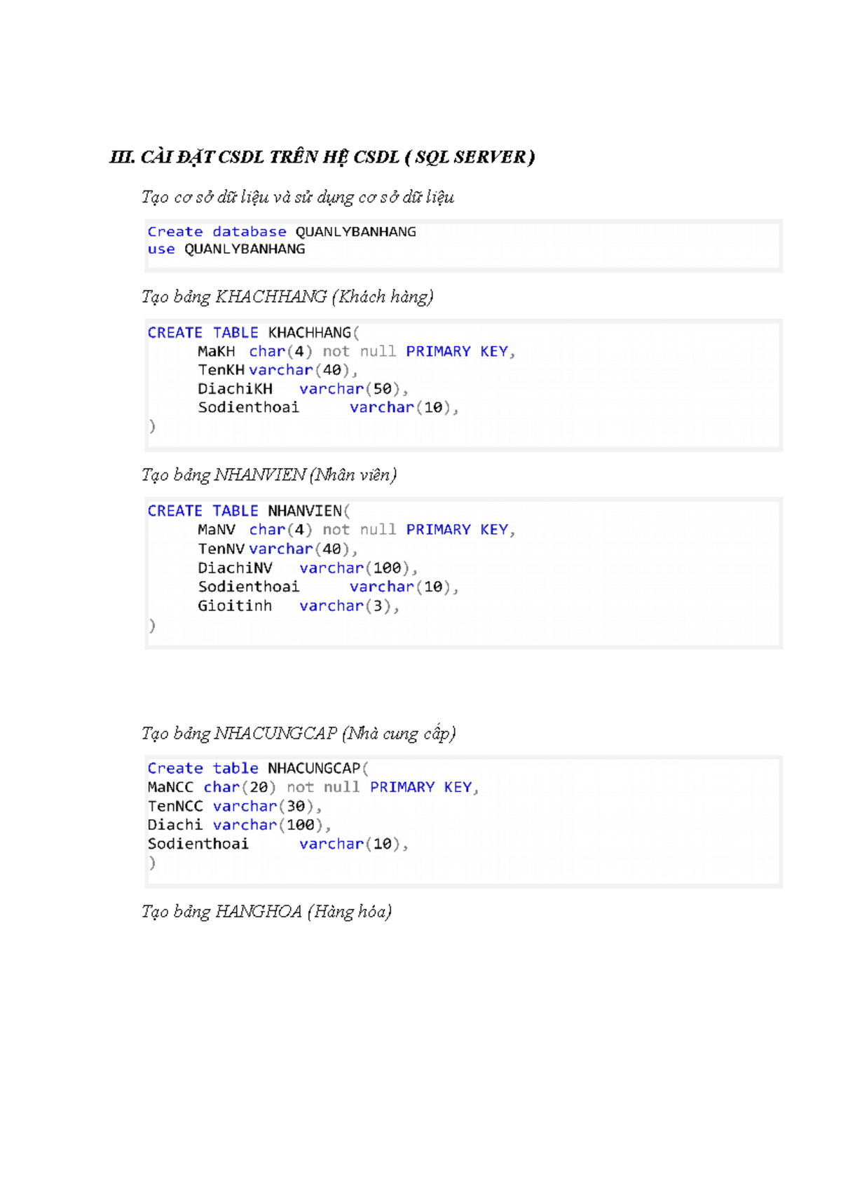 KTVM1 Bài tập toàn khóa - III. CÀI ĐẶT CSDL TRÊN HỆ CSDL ( SQL SERVER ...
