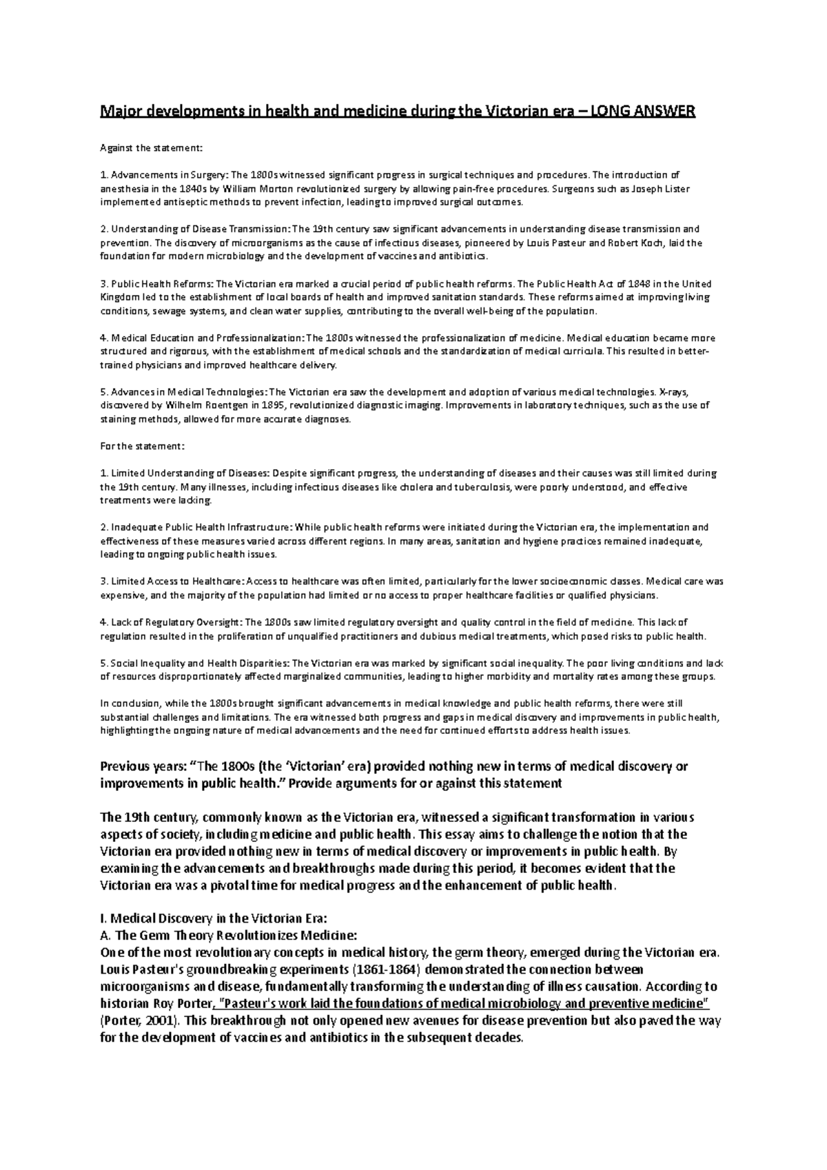 Victorian era - example exam answers - Major developments in health and ...
