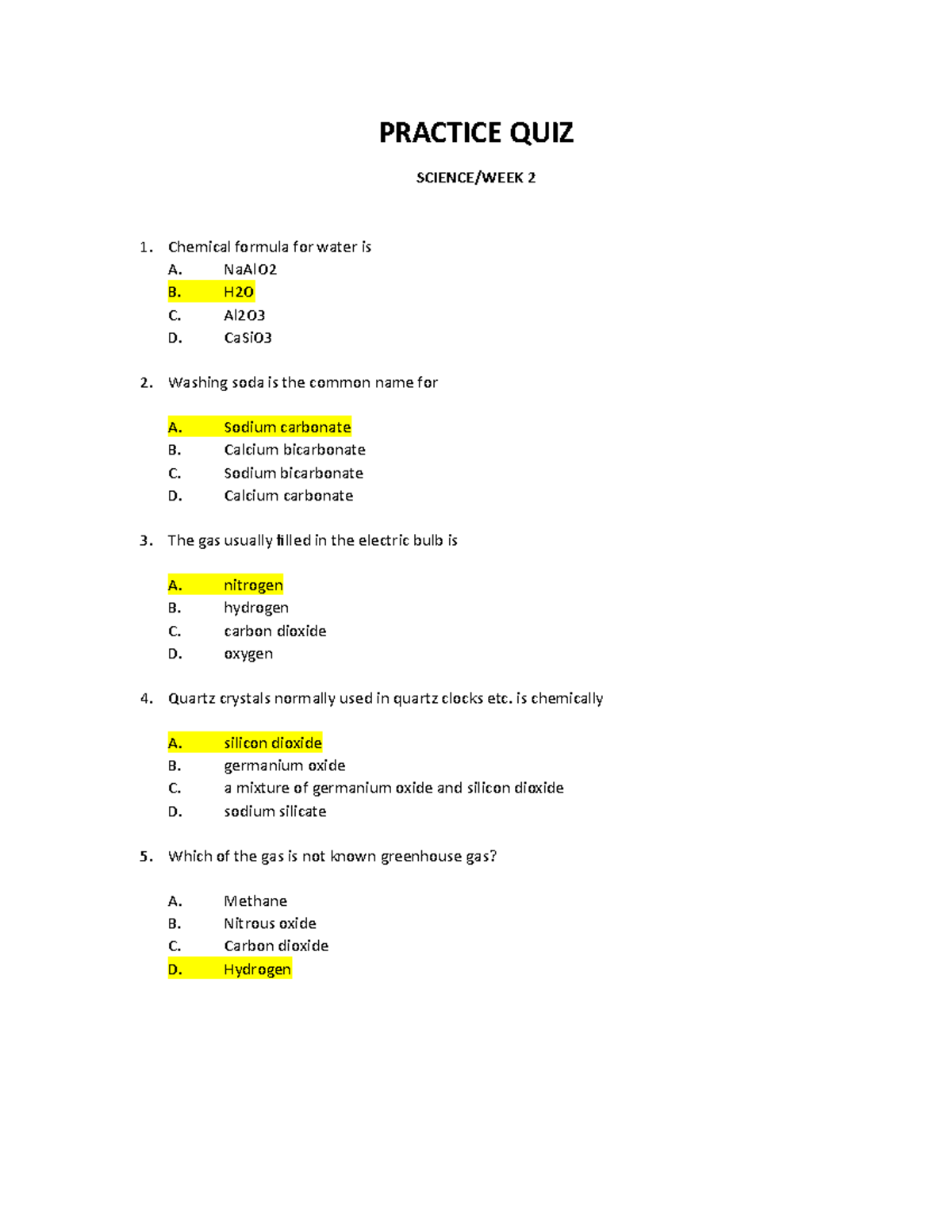 Practice QUIZ Science 2 - PRACTICE QUIZ SCIENCE/WEEK 2 Chemical formula ...