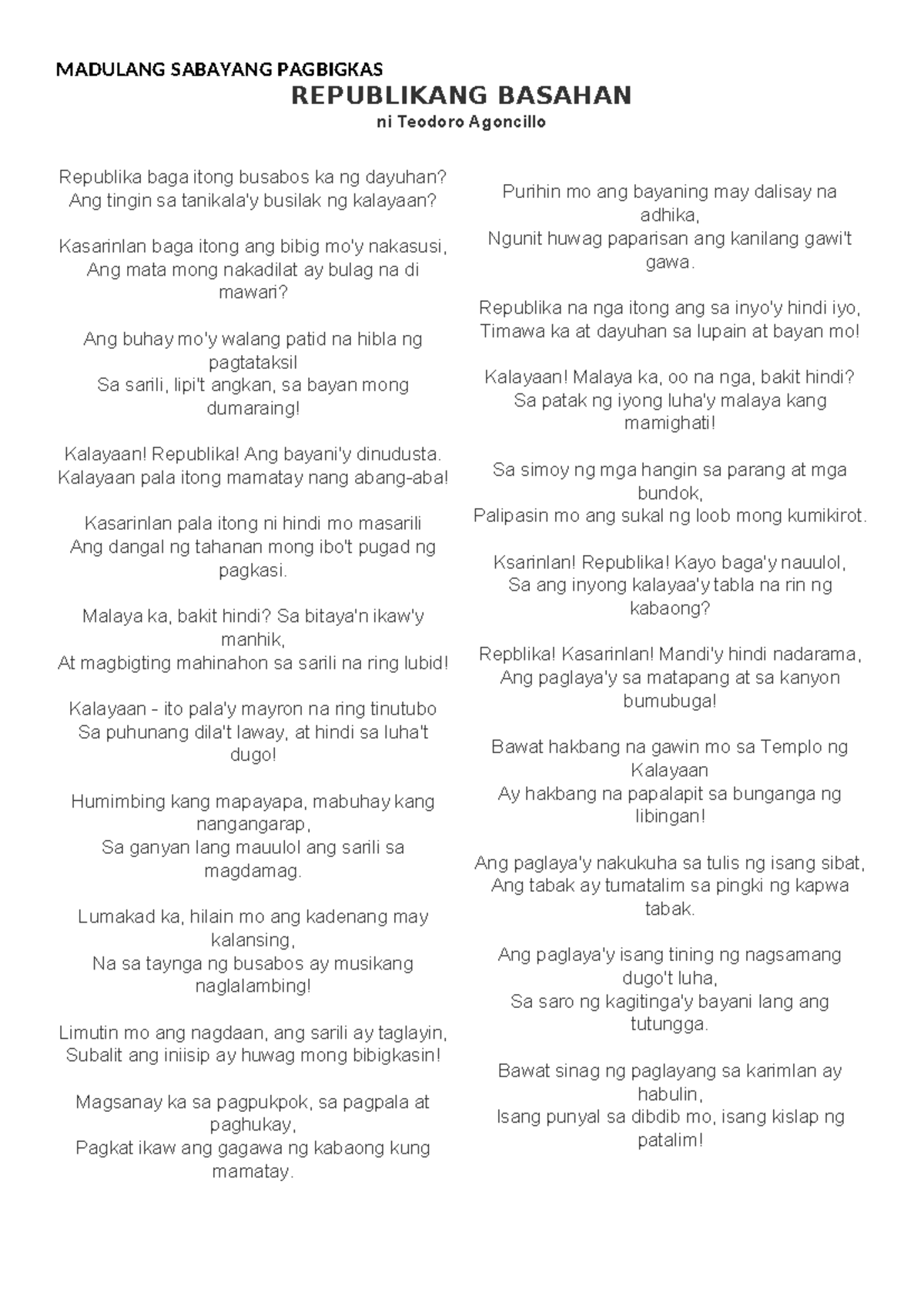 Republikang Basahan- sabayang pagbigkas - MADULANG SABAYANG PAGBIGKAS ...