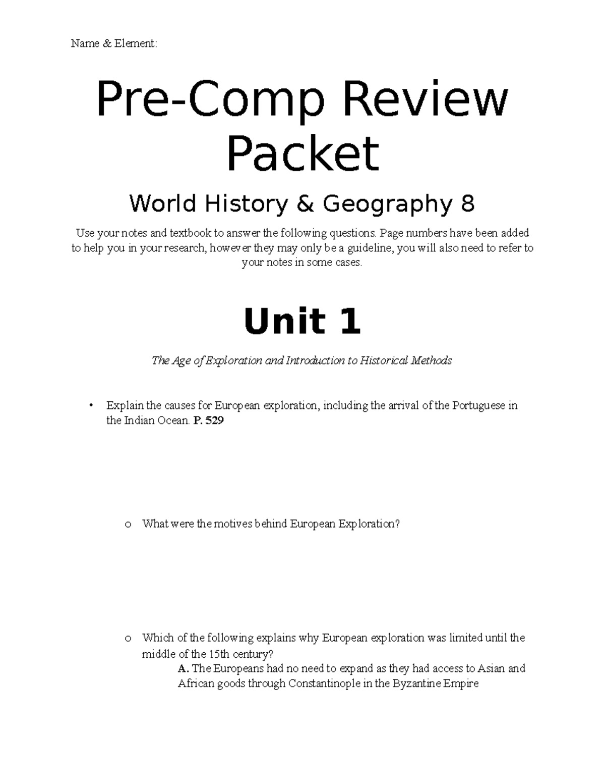 Pre-Comp Review Packet - Pre-Comp Review Packet World History ...