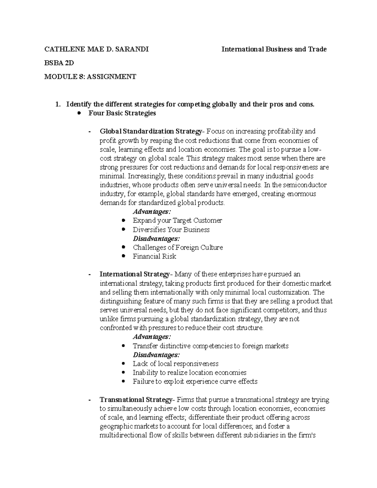 Homework 8 Module 8 - CATHLENE MAE D. SARANDI International Business and Trade BSBA 2D MODULE 8 ...