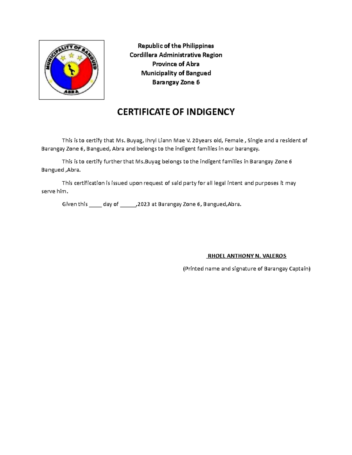 Indigency cert - Republic of the Philippines Cordillera Administrative ...