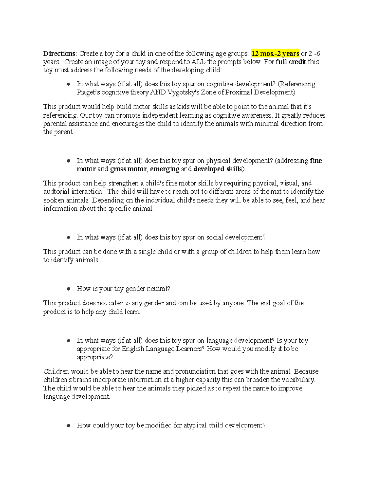 Early Childhood Toy Project - Directions: Create a toy for a child in ...