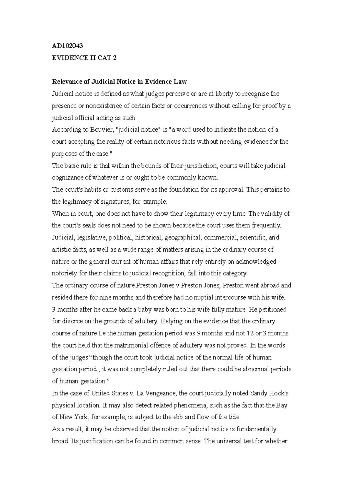 Evidence II CAT 2 - AD EVIDENCE II CAT 2 Relevance of Judicial Notice ...