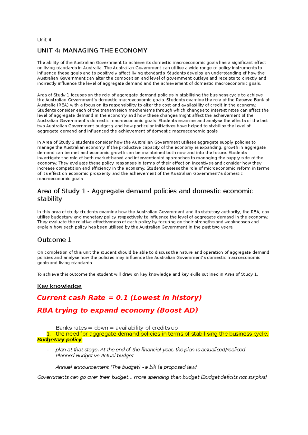 Unit 4 aos1 vce economics - Unit 4 ####### UNIT 4: MANAGING THE ECONOMY ...