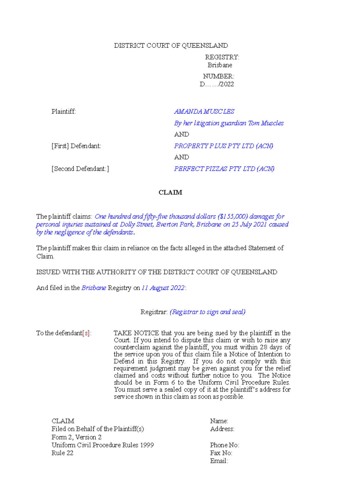 Form-2-Claim-UCPR Week 3 - DISTRICT COURT OF QUEENSLAND REGISTRY ...