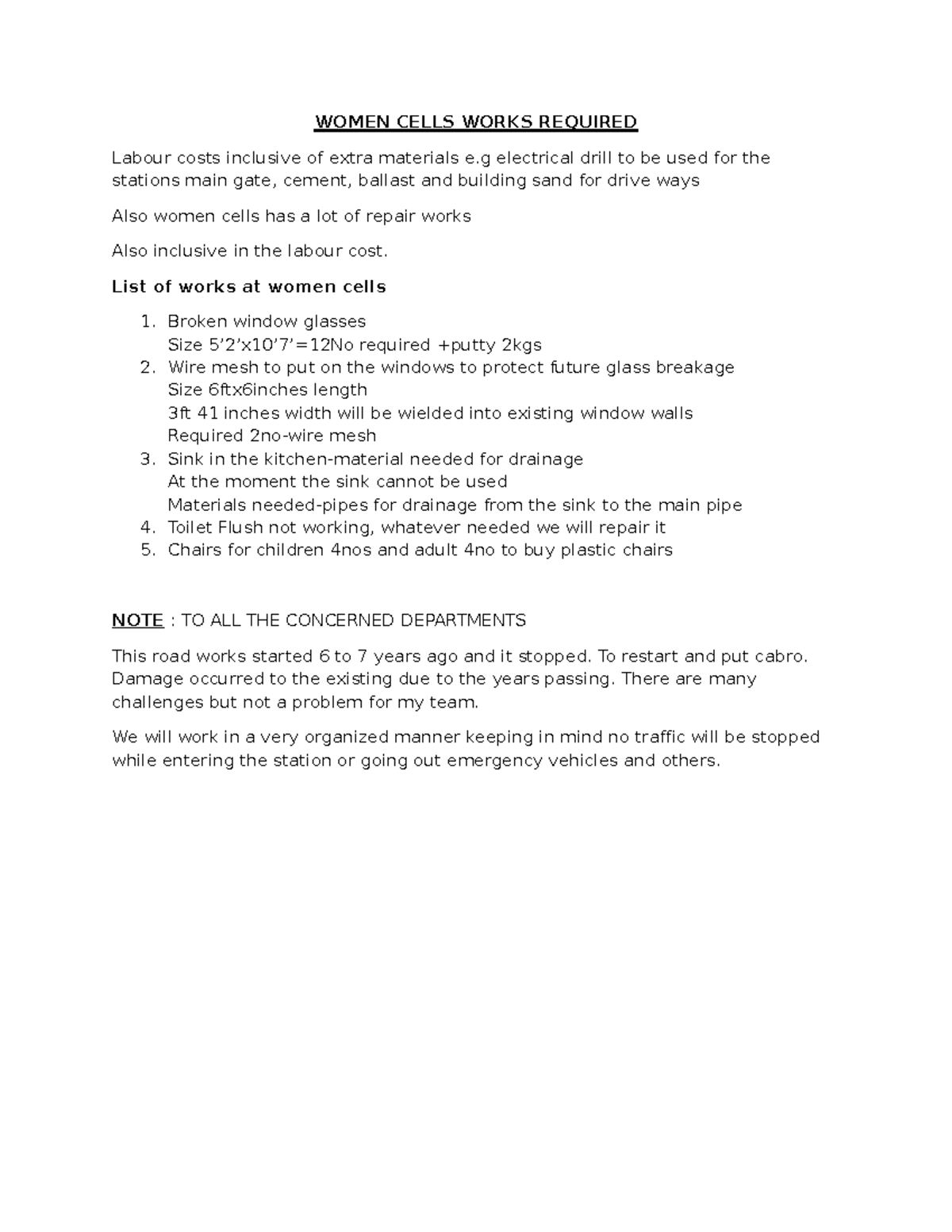 Women Cells Works Required - WOMEN CELLS WORKS REQUIRED Labour costs ...