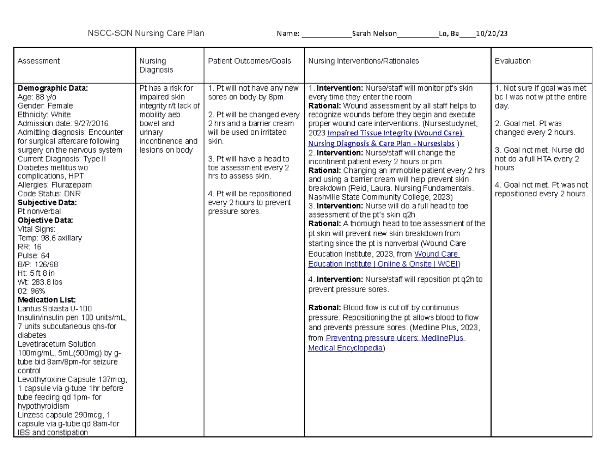 Nursing Care Week 2 - Second care plan - NSCC-SON Nursing Care Plan Name: ____________Sarah ...