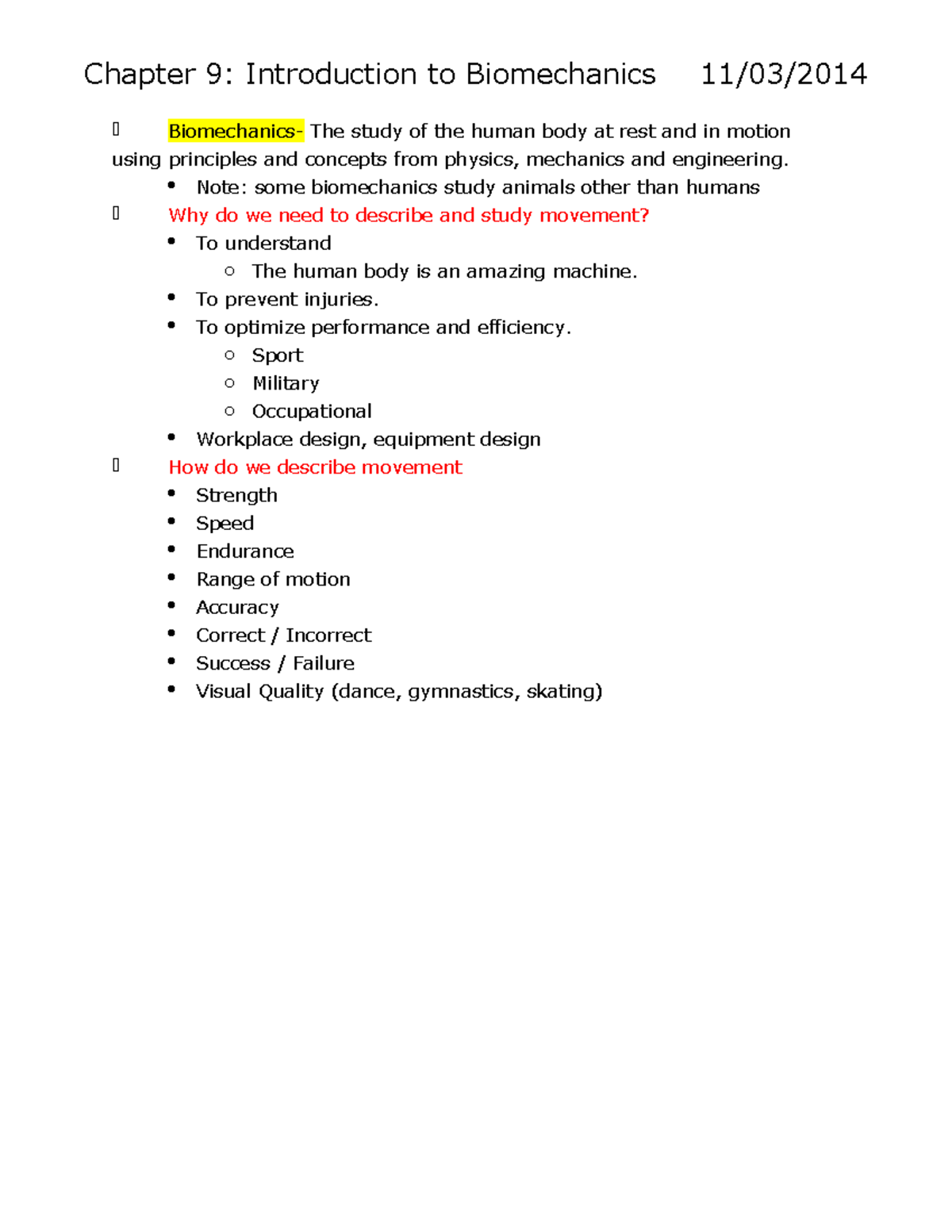 Chapter 9 biomechanics - Chapter 9: Introduction to Biomechanics 11/03 ...