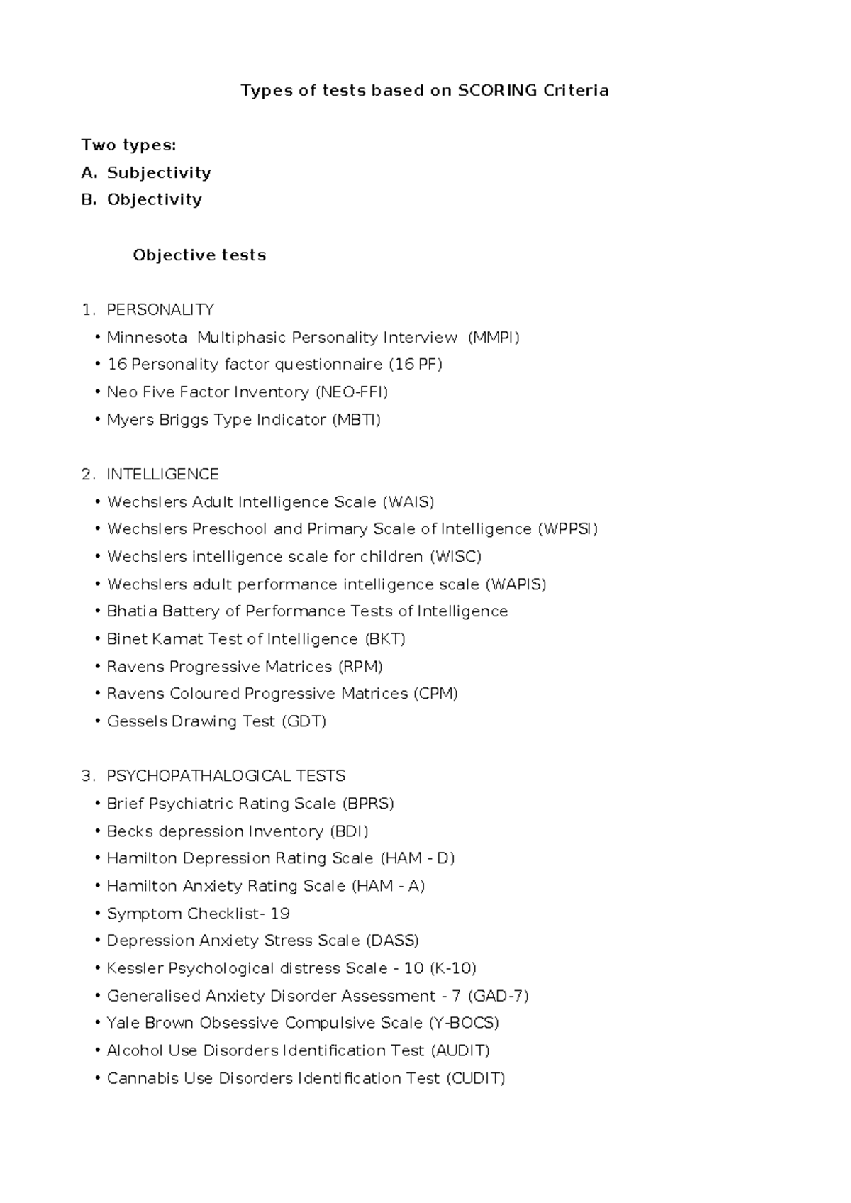 Scoring criteria - Statistics - Types of tests based on SCORING ...