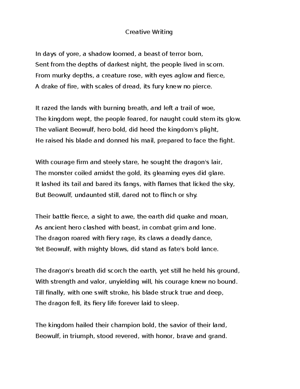Creative Writing - Beowulf - Creative Writing In days of yore, a shadow ...