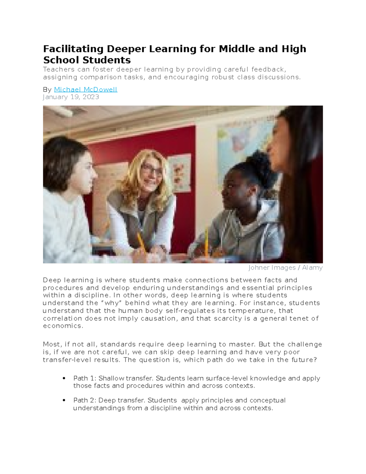 Facilitating Deeper Learning for Middle and High School Students ...