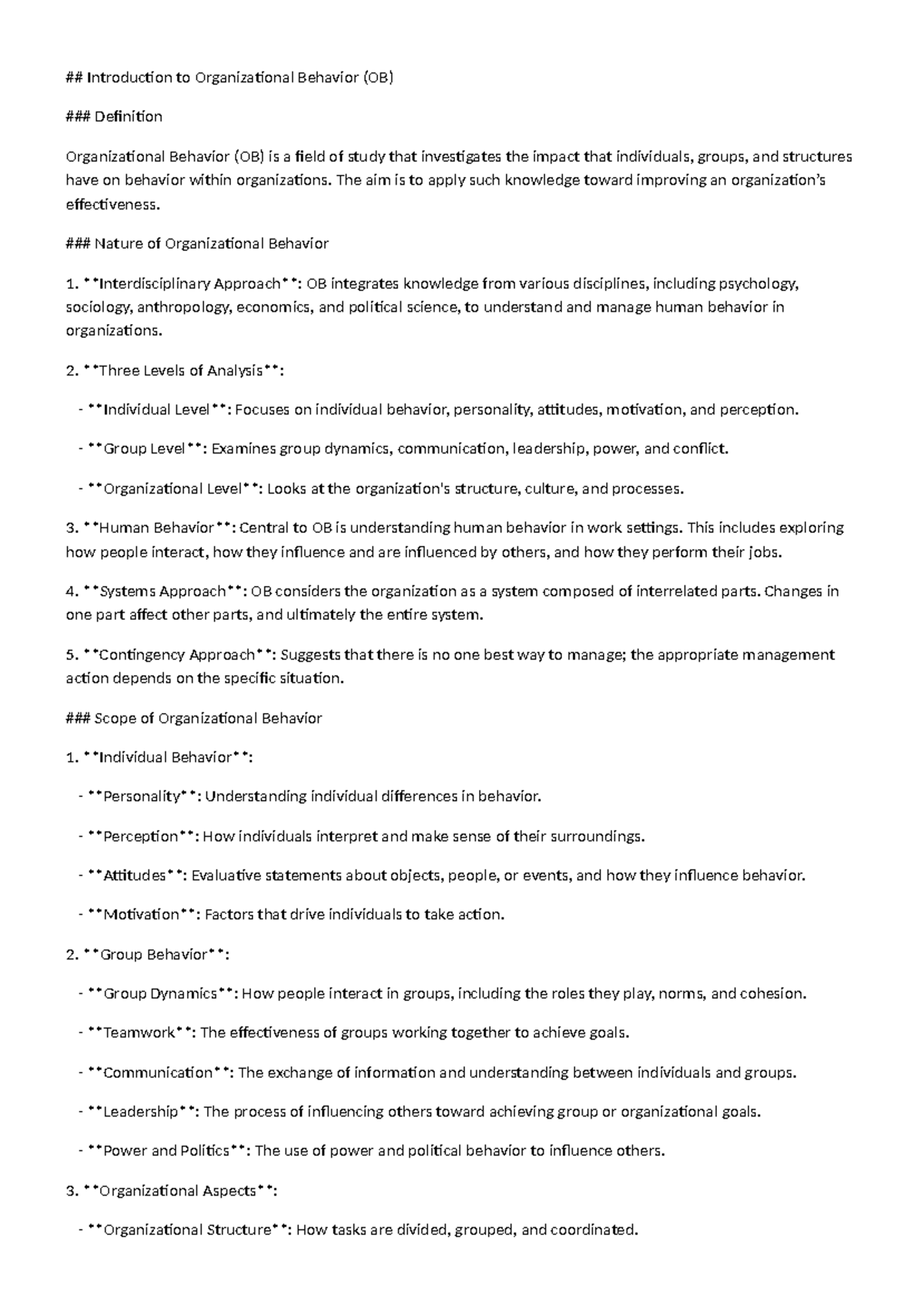 OB - OB notes - ## Introduction to Organizational Behavior (OB ...
