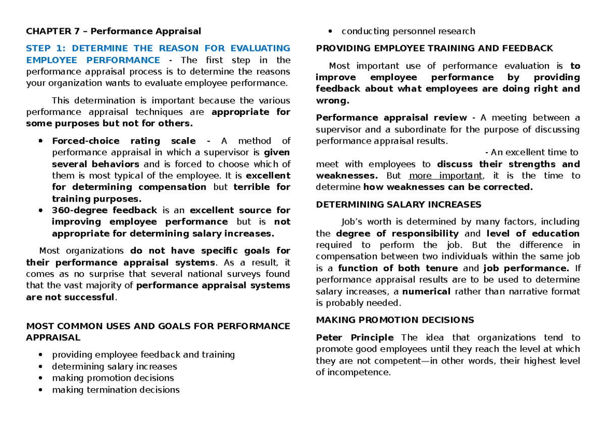 Reviewer - NA - CHAPTER 7 – Performance Appraisal STEP 1: DETERMINE THE REASON FOR EVALUATING ...