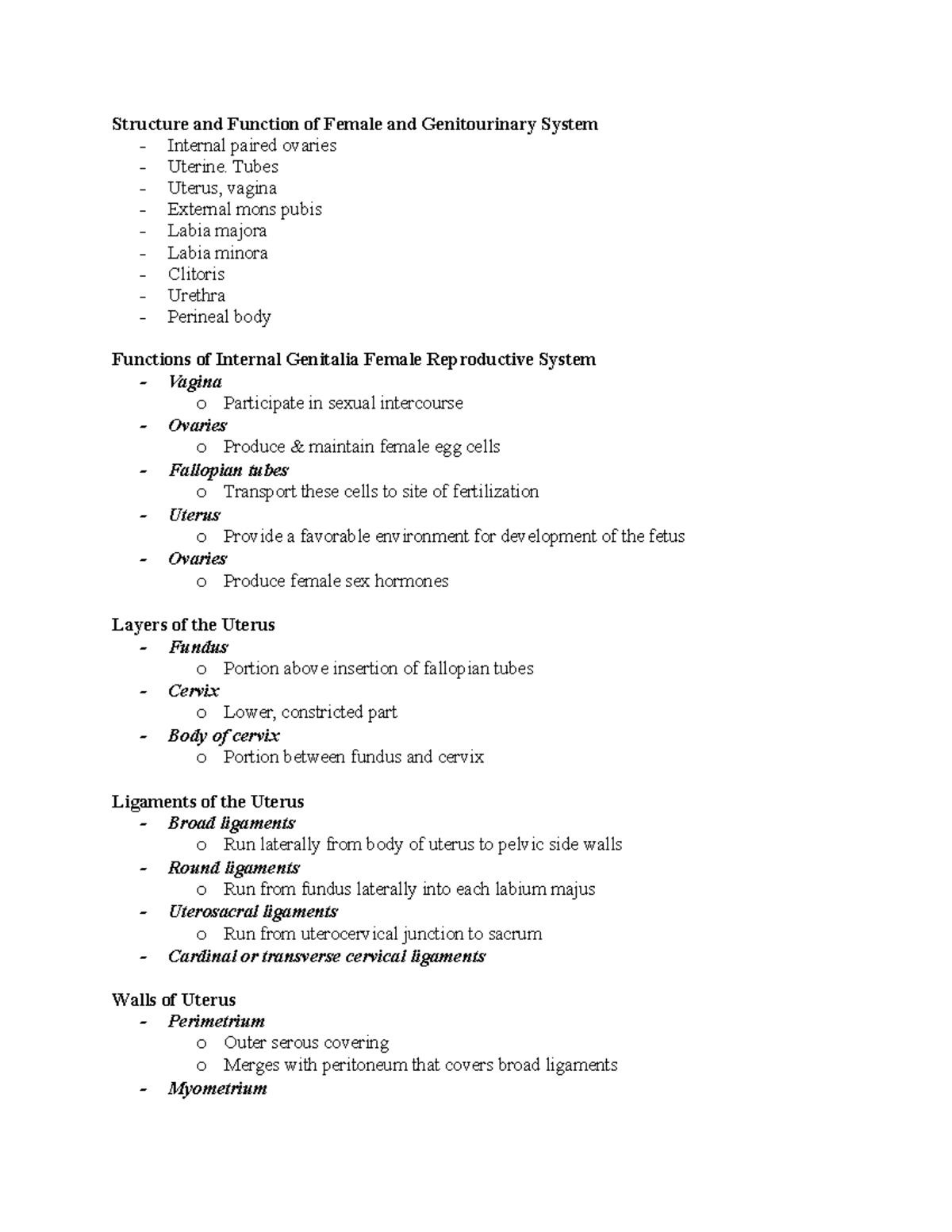 Female Reproductive and Genitourinary System - Structure and Function ...