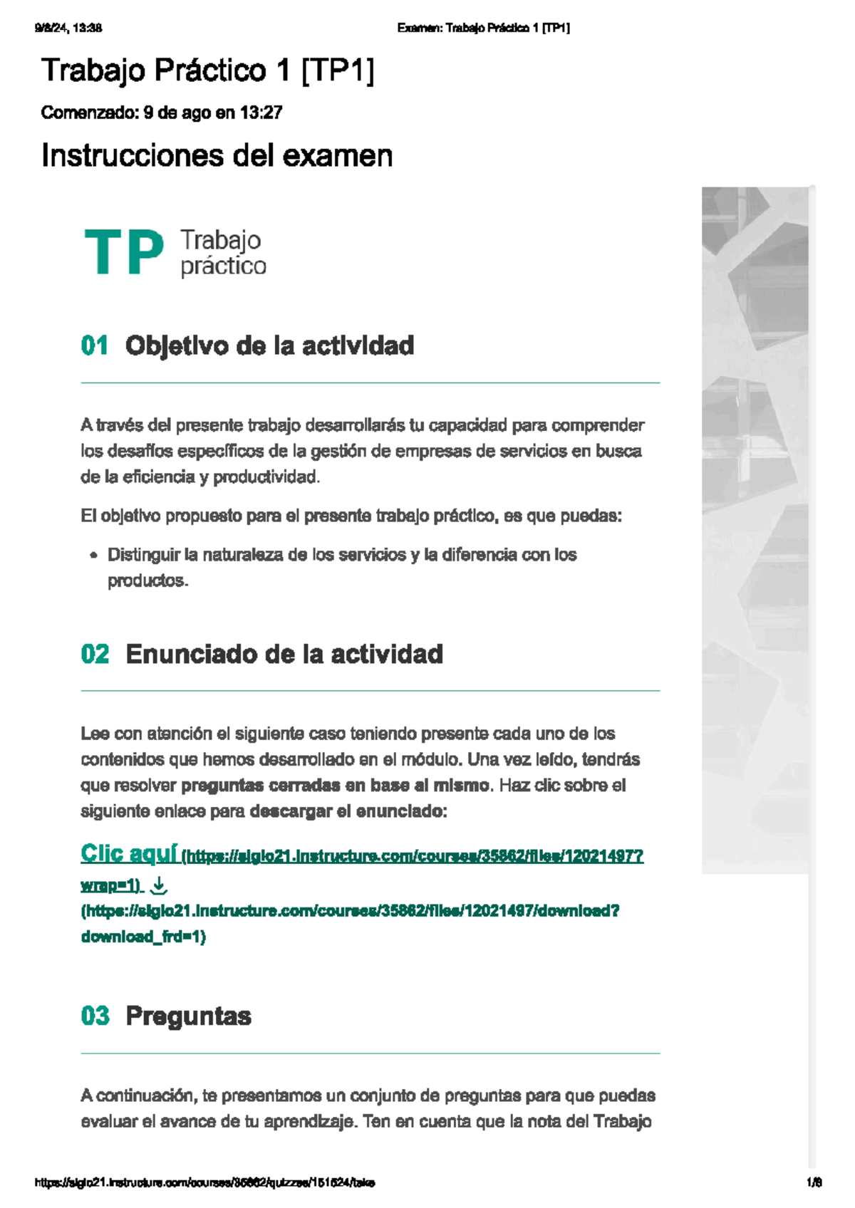 Adm. de Servicios TP1 80% - 13:38 Examen: Trabajo Práctico 1 Trabajo ...