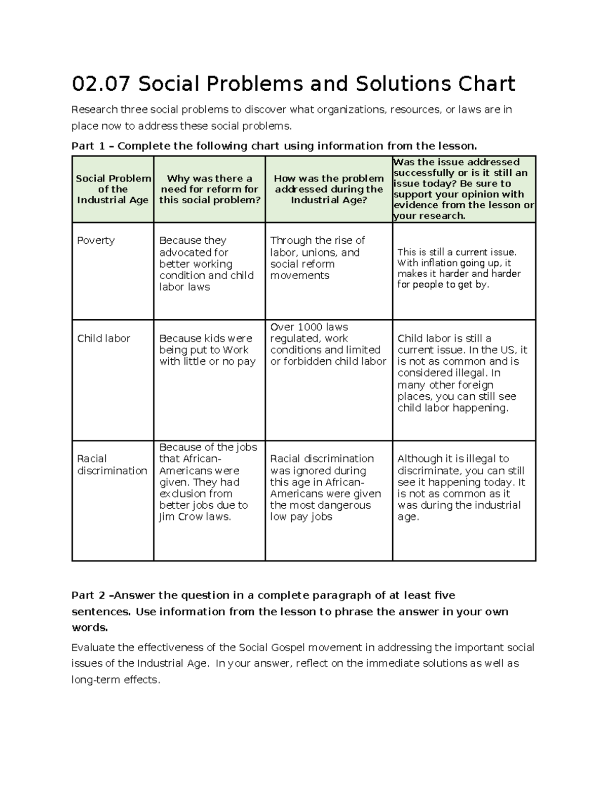 2.07 US History - 02 Social Problems and Solutions Chart Research three ...