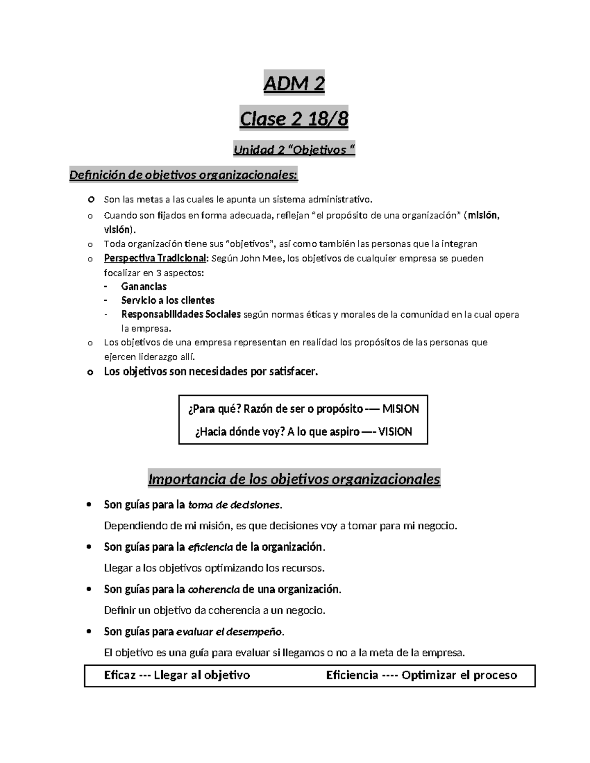 ADM 1 clase 2 - mc-x - ADM 2 Clase 2 18/ Unidad 2 “Objetivos ...