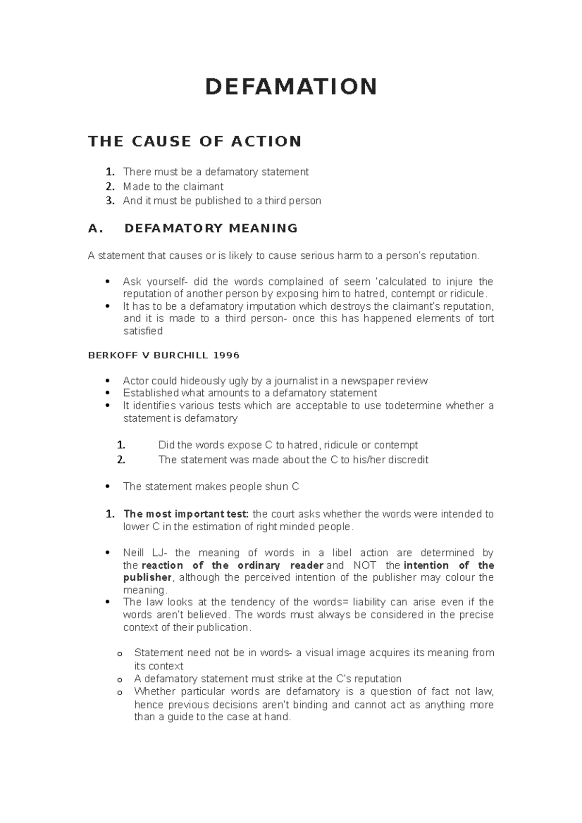 Defamation notes from internet - DEFAMATION THE CAUSE OF ACTION 1 ...