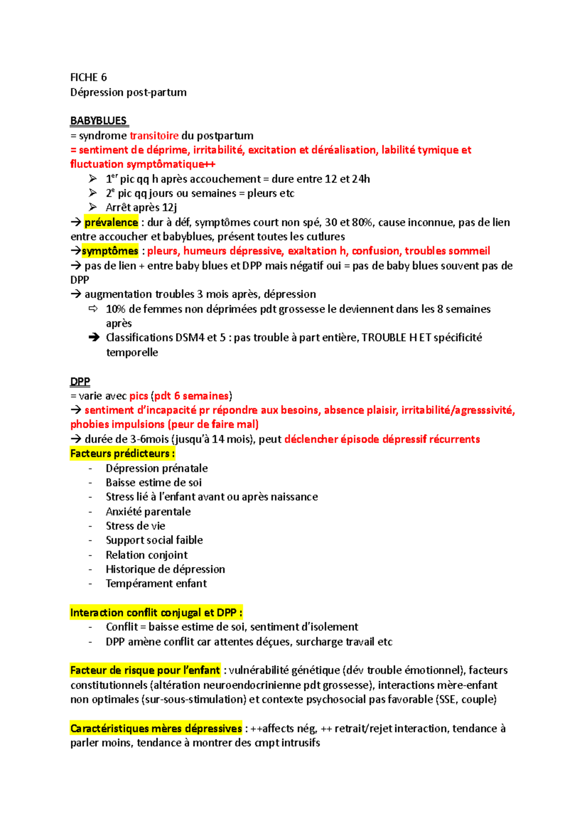 Fiche 6 - notes - FICHE 6 Dépression post-partum BABYBLUES = syndrome ...