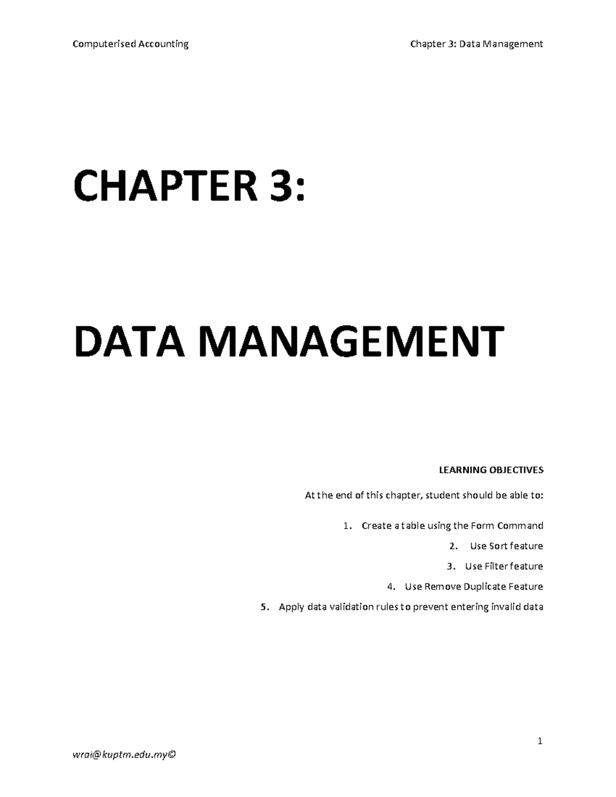 Chapter 3 Data Management - 1 CHAPTER 3: DATA MANAGEMENT LEARNING ...