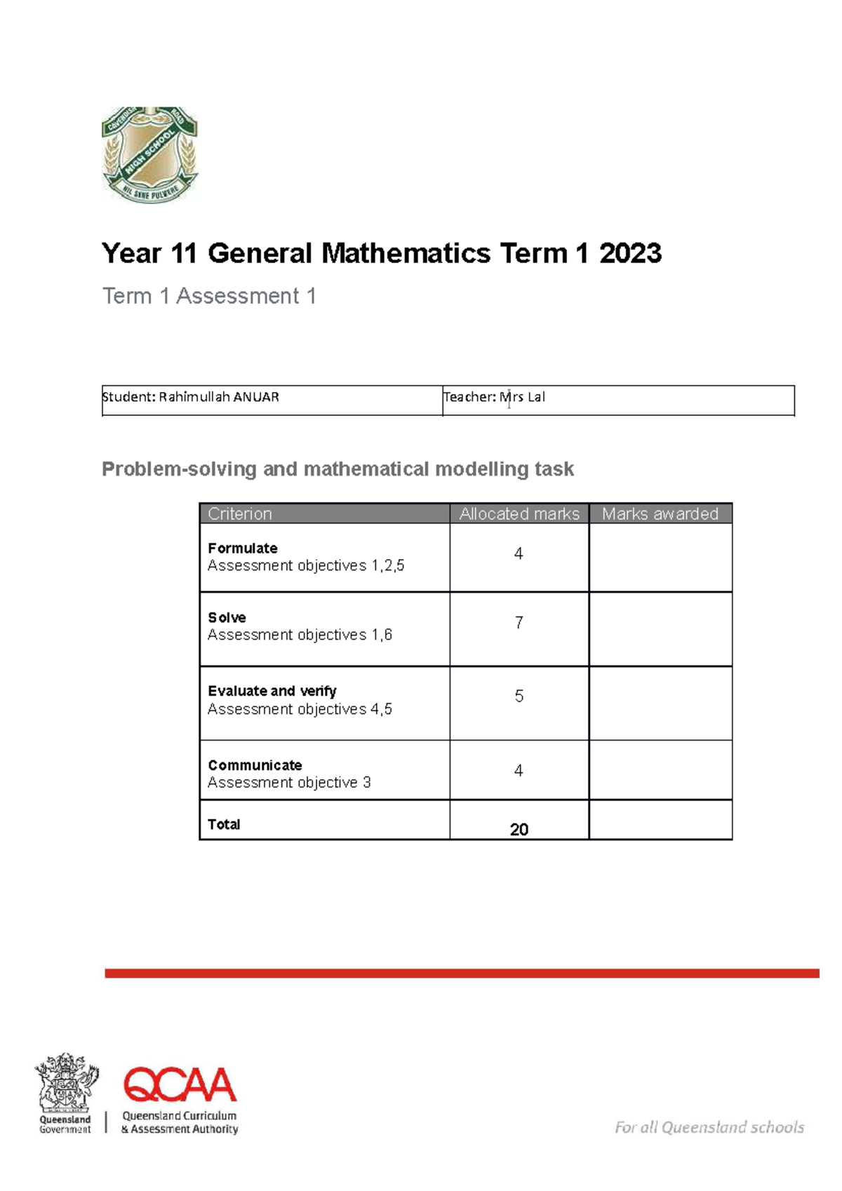 Math PSMT on Budget - Year 11 General Mathematics Term 1 2023 Term 1 Assessment 1 Problem ...