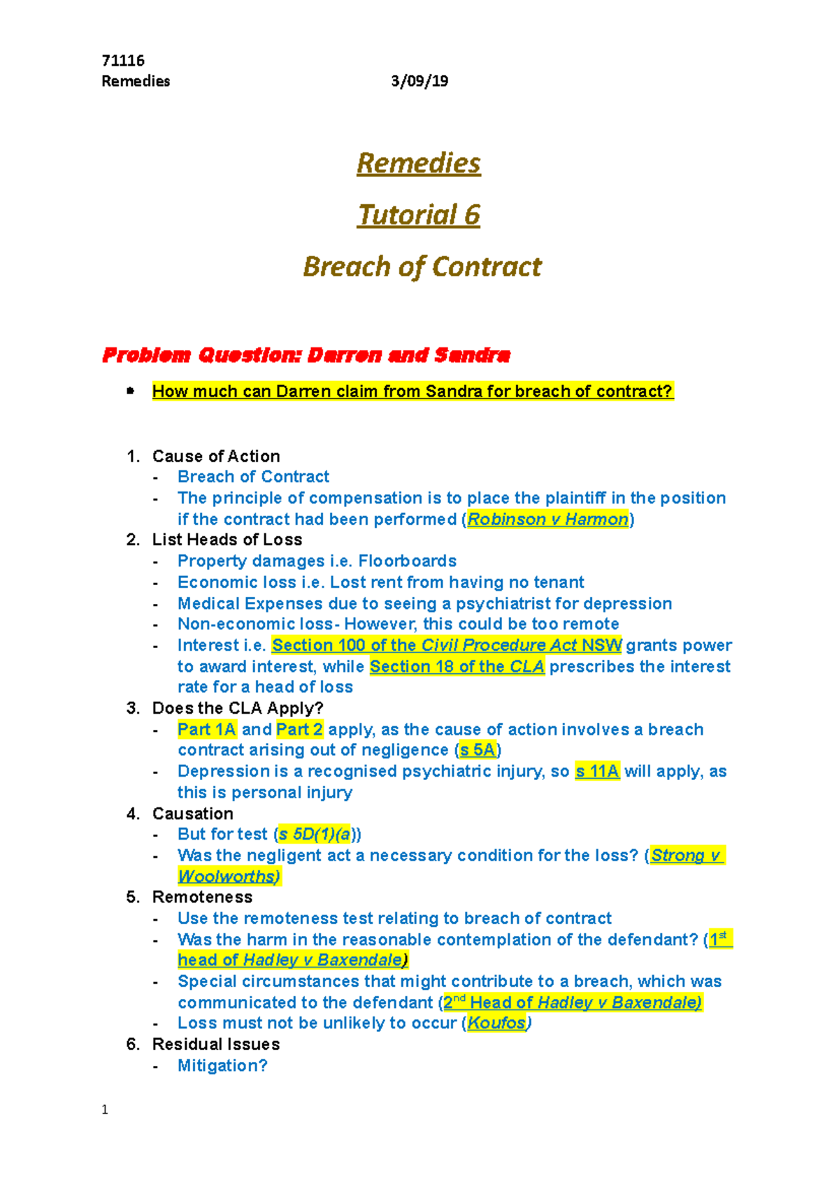 71116 Remedies Tutorial 6- 3 - 71116 Remedies 3/09/ Remedies Tutorial 6 ...