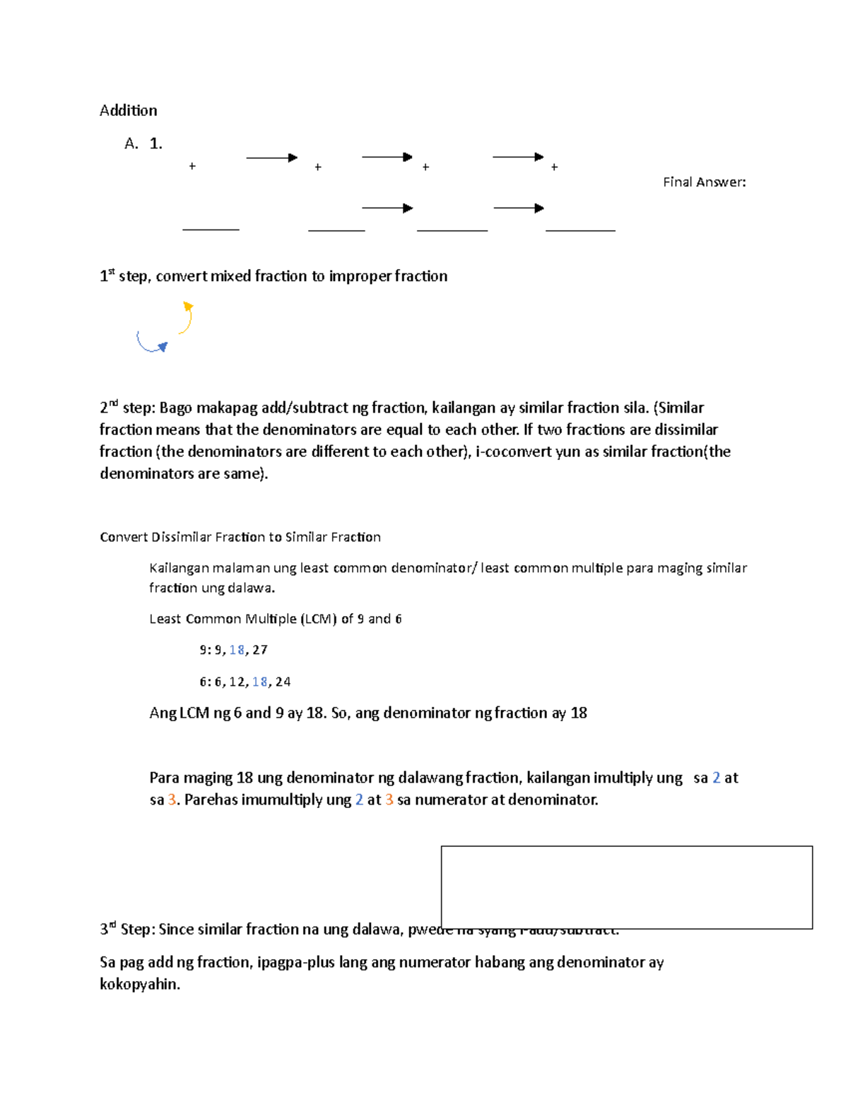 Addition Of Two Or More Improper Fraction Addition A 1 1 St Step
