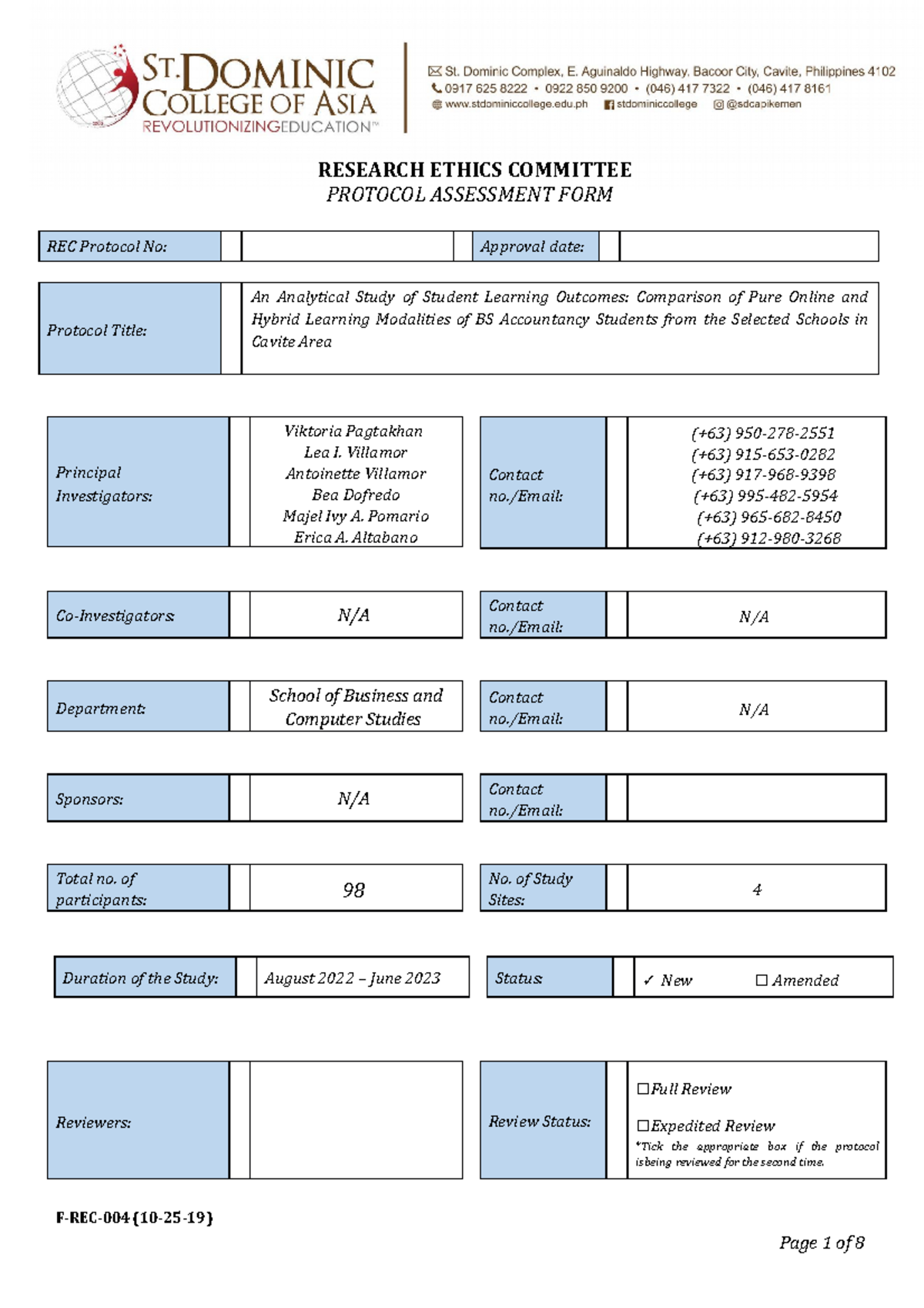 F REC 004 Protocol Assessment Form - REC Protocol No: Approval date ...