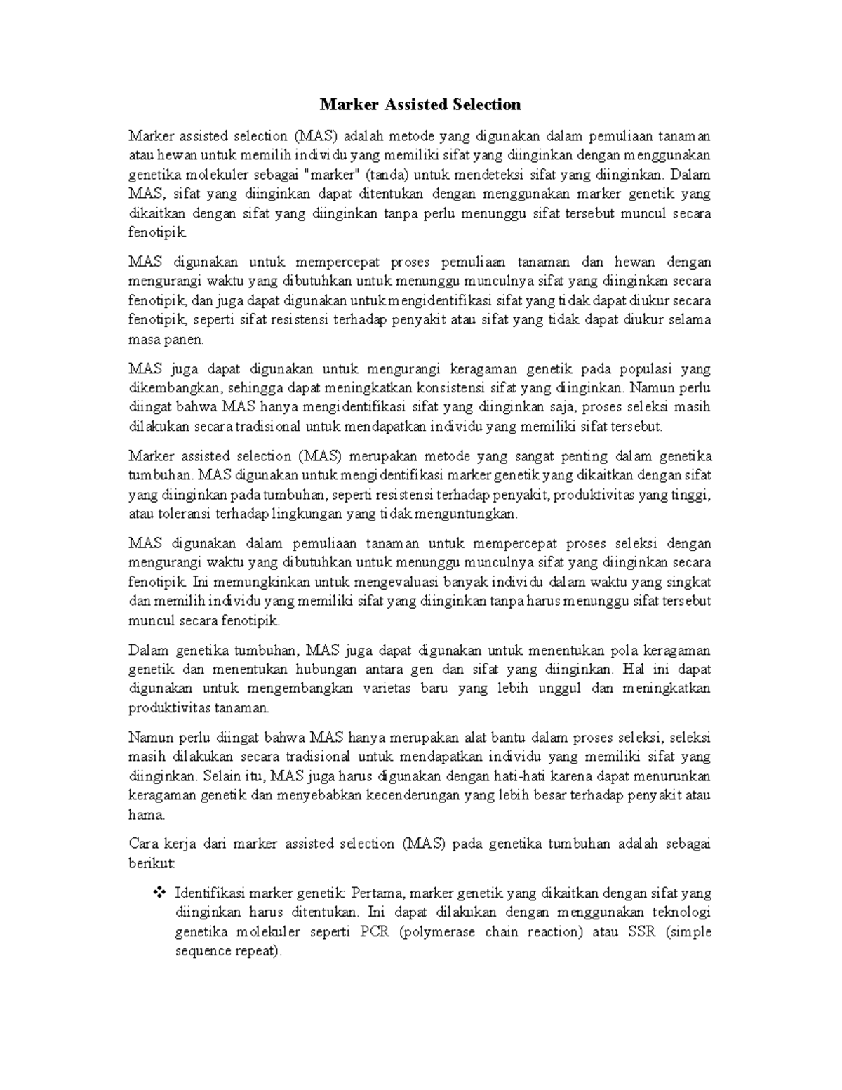 Resume Marker Assisted Selection - Marker Assisted Selection Marker assisted selection (MAS ...