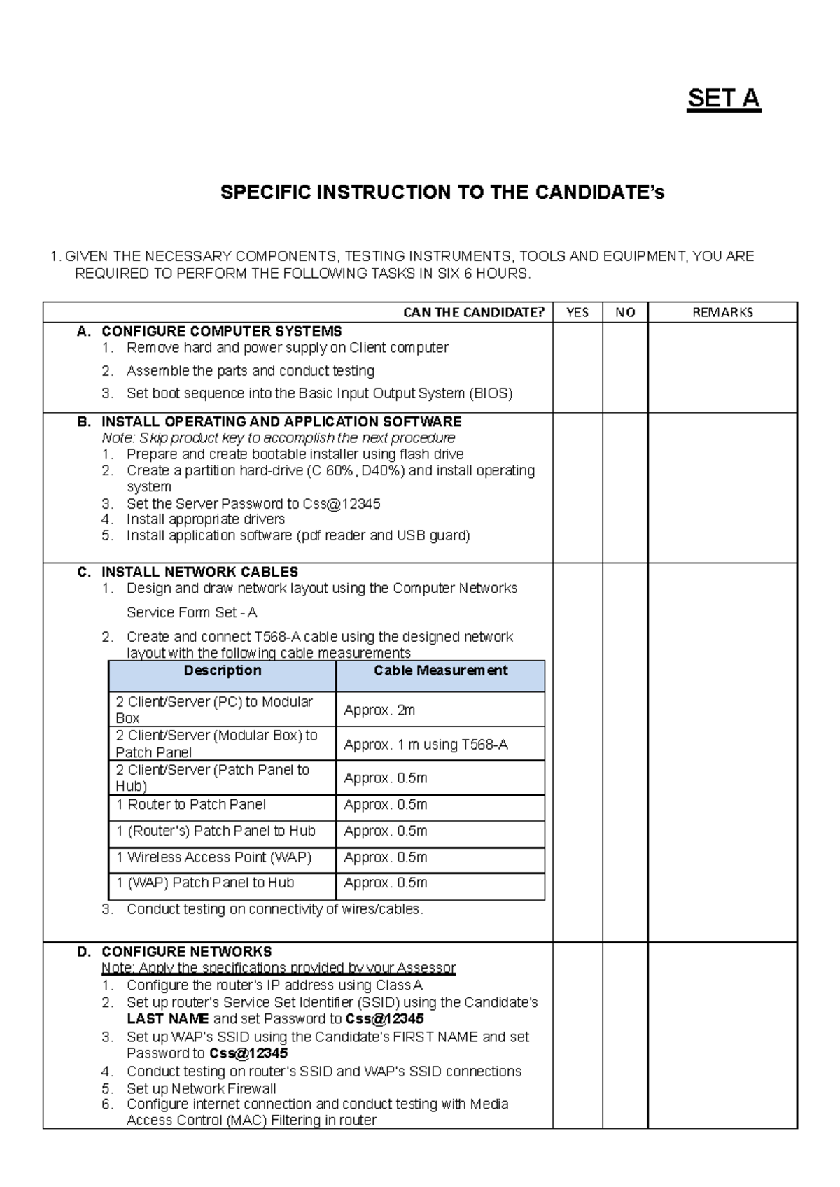 Set A Coc 1 To 4 Css Nc Ii Set A Specific Instruction To The Candidates 1 Given The