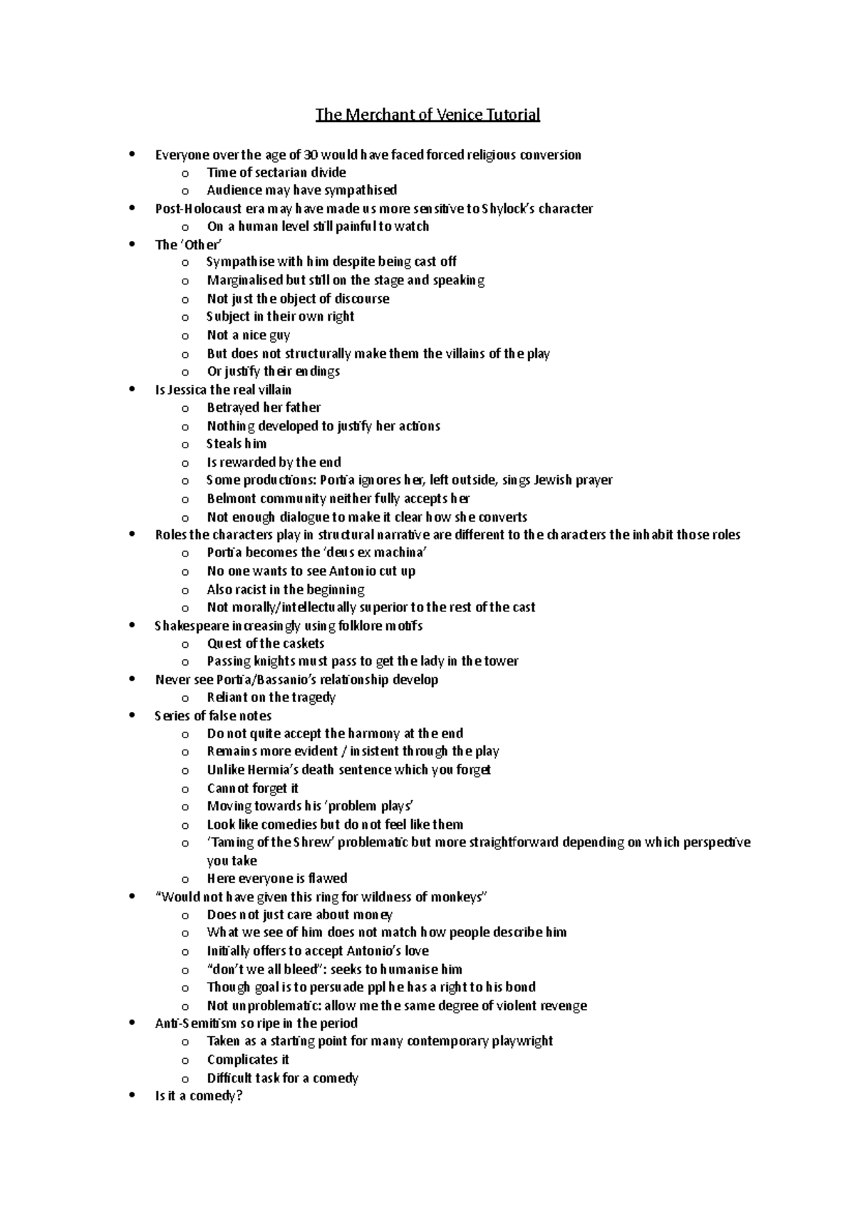 The Merchant of Venice Tutorial - Studocu