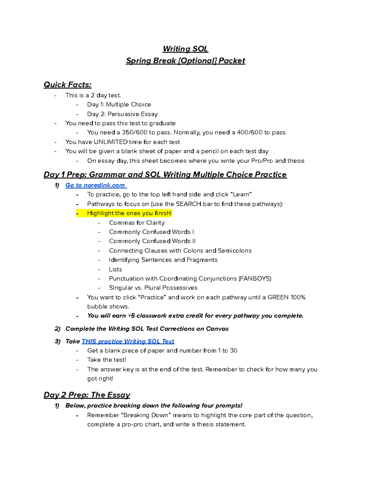 Copy of Writing SOL Spring Break Practice - Writing SOL Spring Break ...