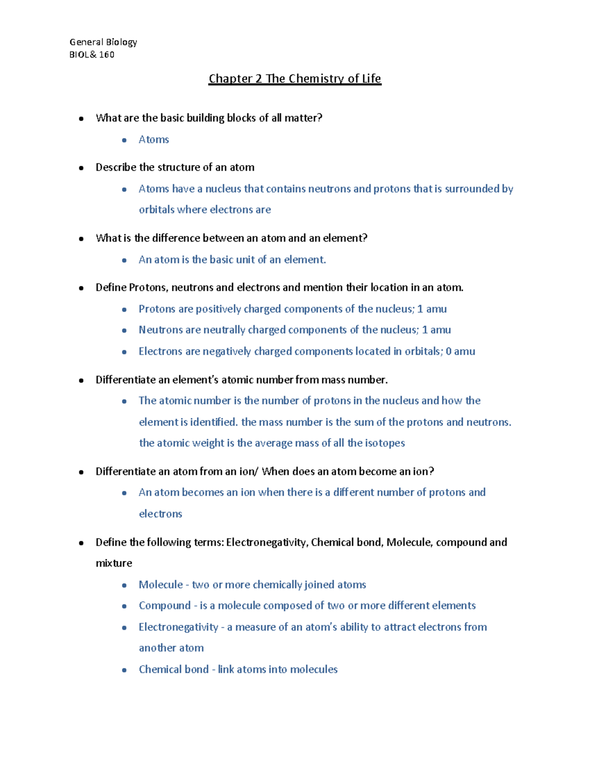 General Biology Chapter 2 - The Chemistry of Life - BIOL&160 - Bellevue ...