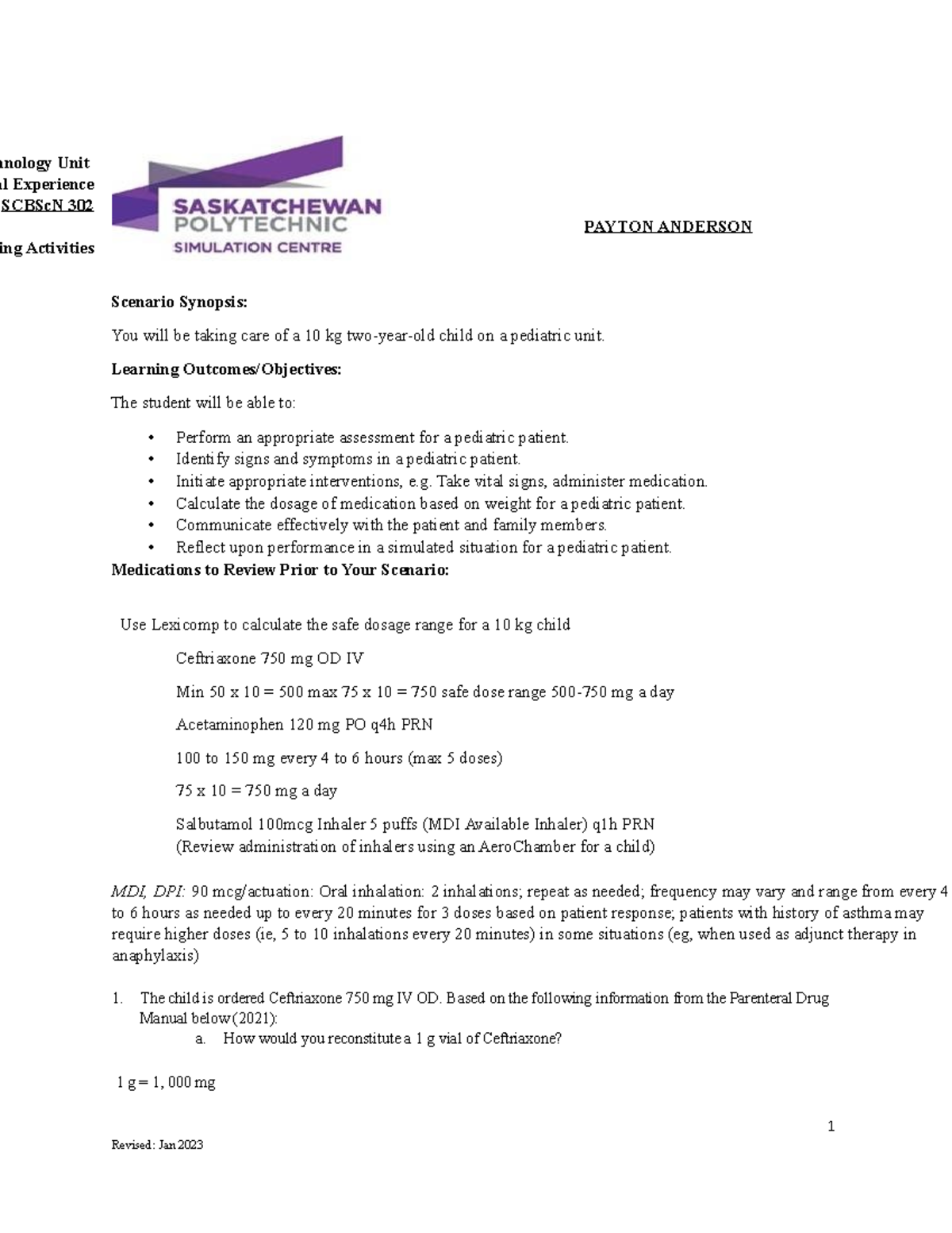 Student SCBSc N Payton Anderson Learning Activity 2023 - PAYTON ...